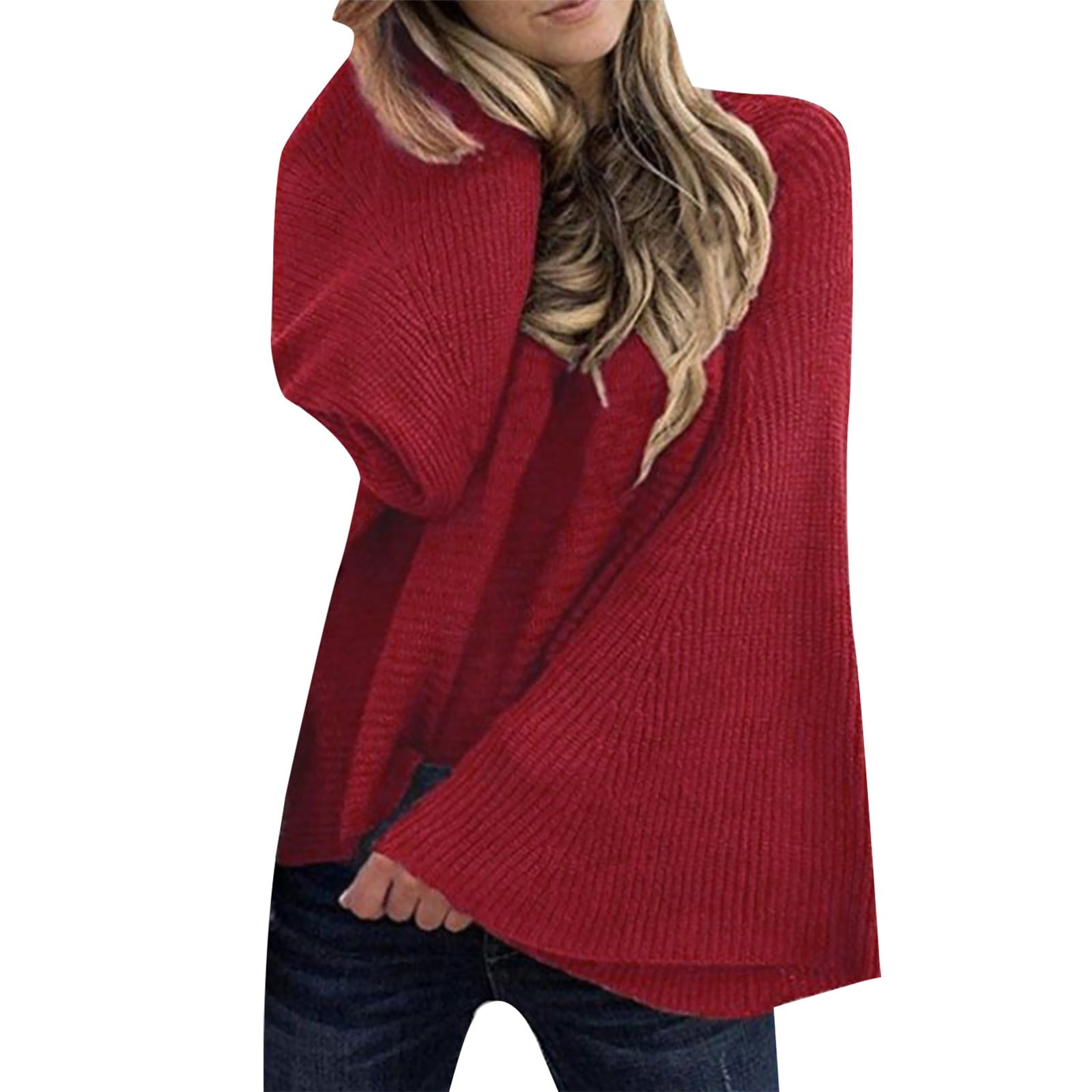Baocc Bell Sleeve Sweater Womens Sweater Flared Sleeve Solid Color Loose Pullover Sweater,knit