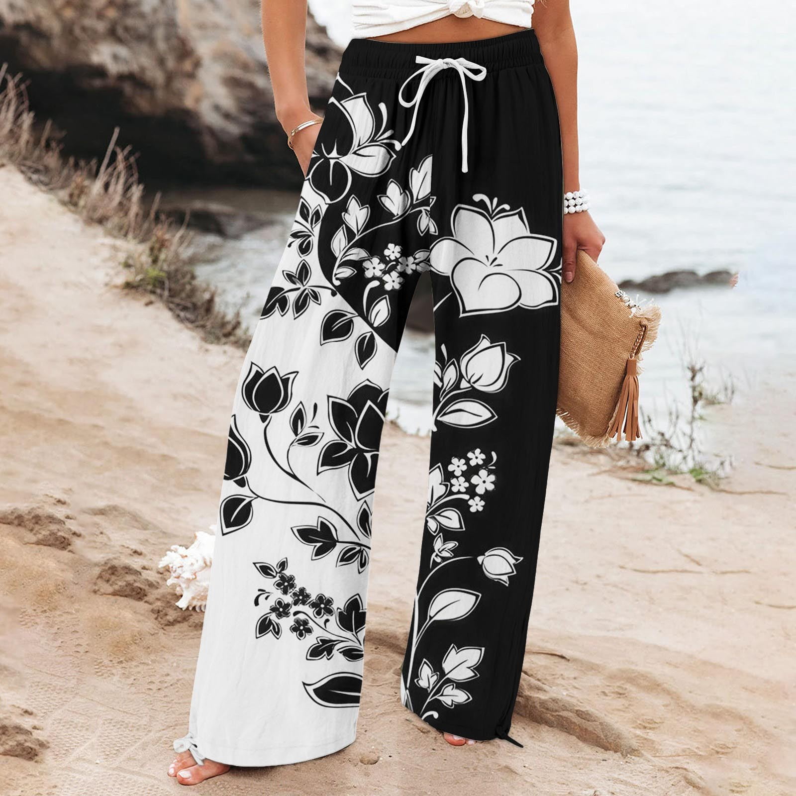 Baodmurt High Waist Pants for Women Wide-Leg Boyfriend Elastic Band ...