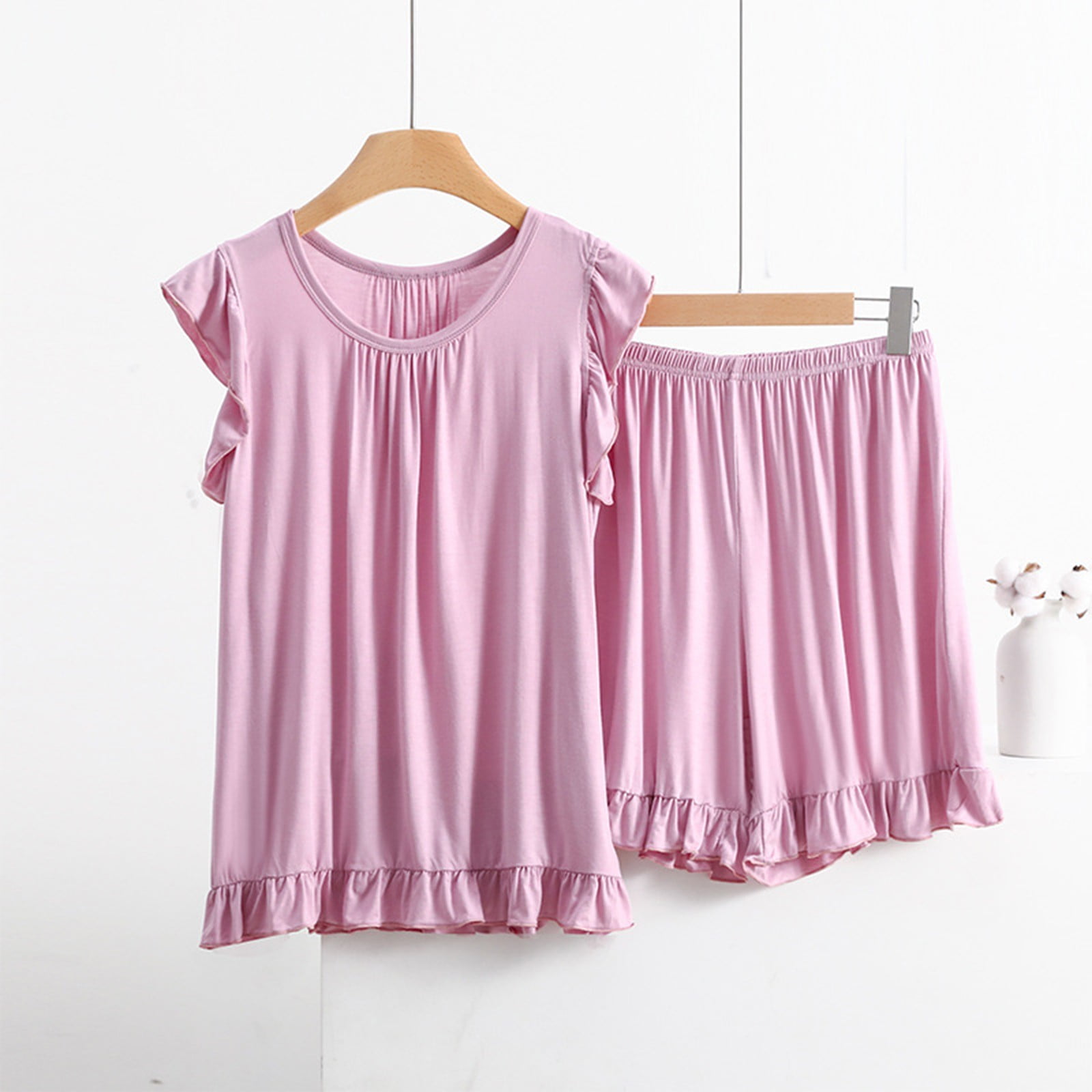 Baodmurt Ladies' Spring Summer Solid Color Drawstring Shorts 2 Piece Pajama Set, Pink XL-8XL ...