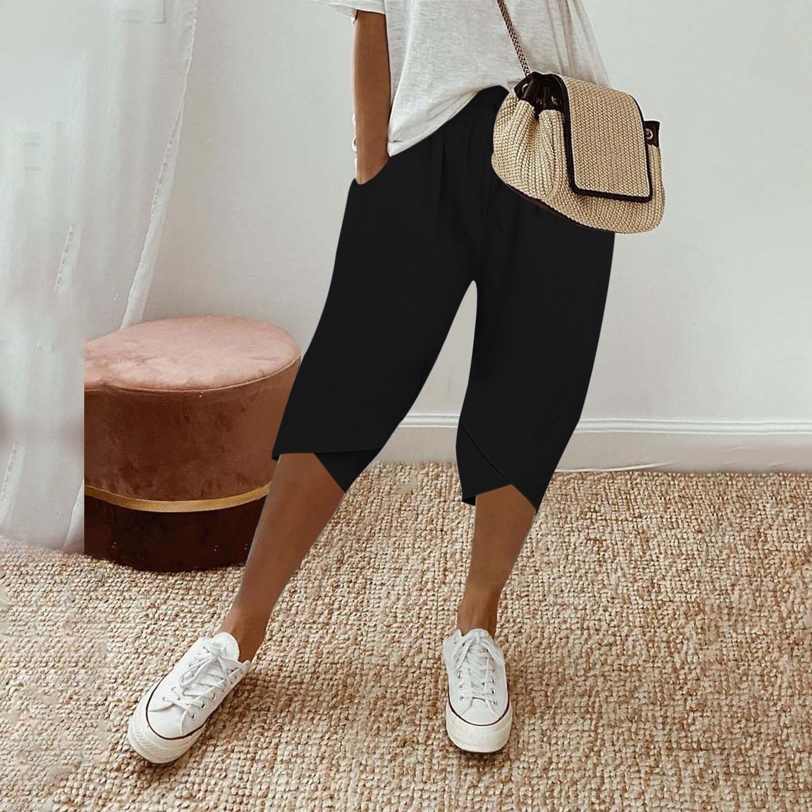 Baodmurt Mid Waist Pants for Women Cropped Boyfriend Elastic Band ...