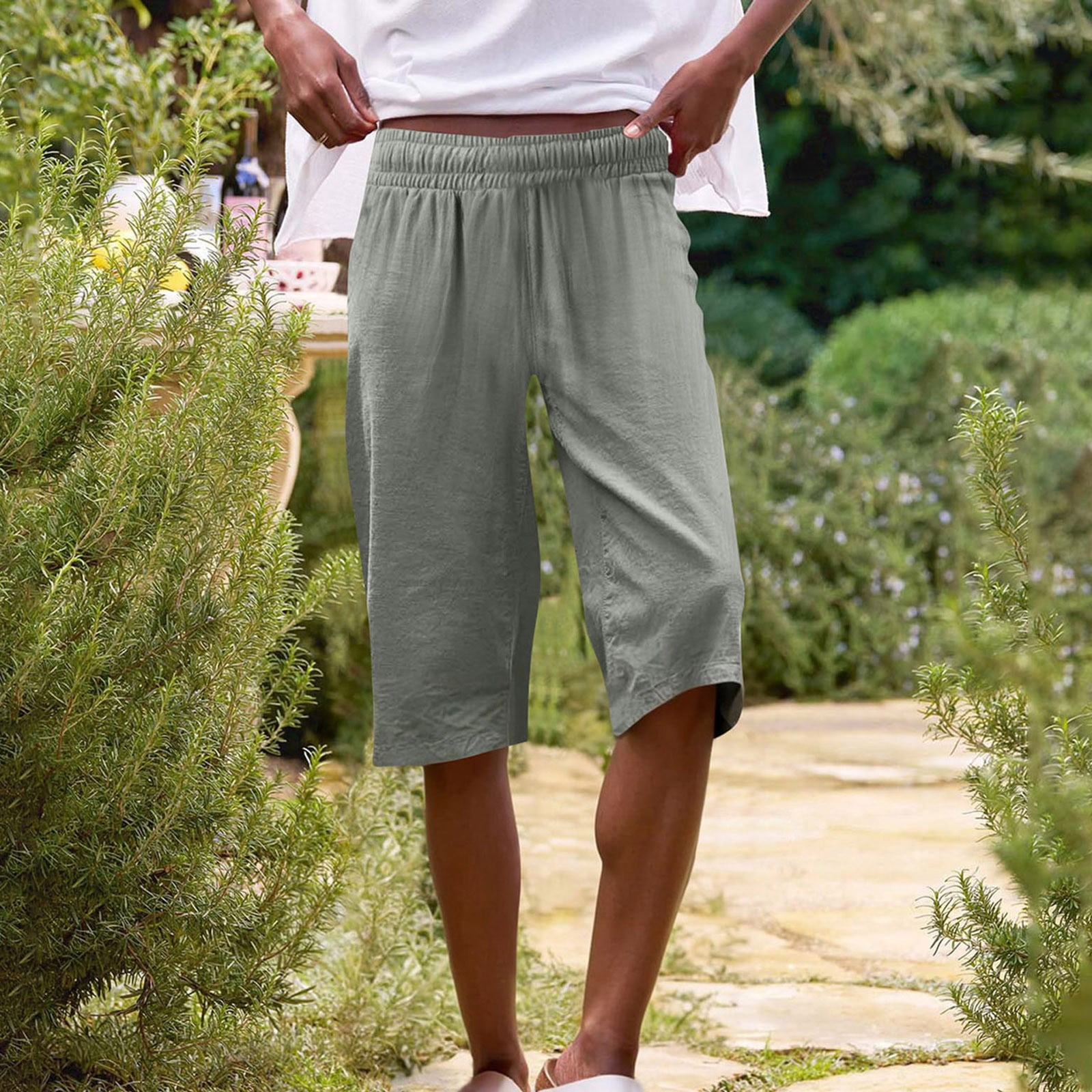 Baodmurt Mid Waist Pants for Women Cropped Capris Elastic Band ...