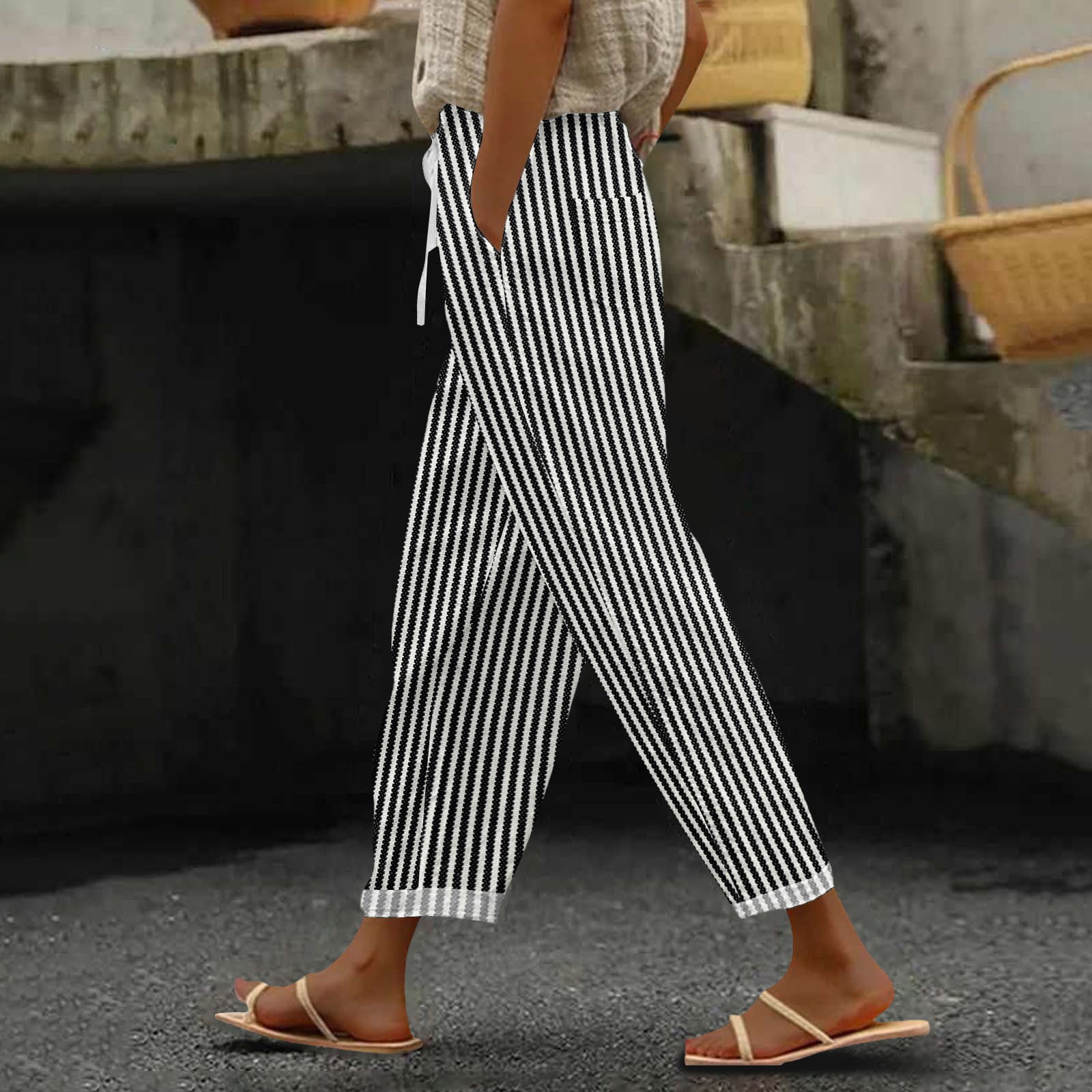 Baodmurt Mid Waist Pants for Women Wide-Leg Boyfriend Elastic Band ...