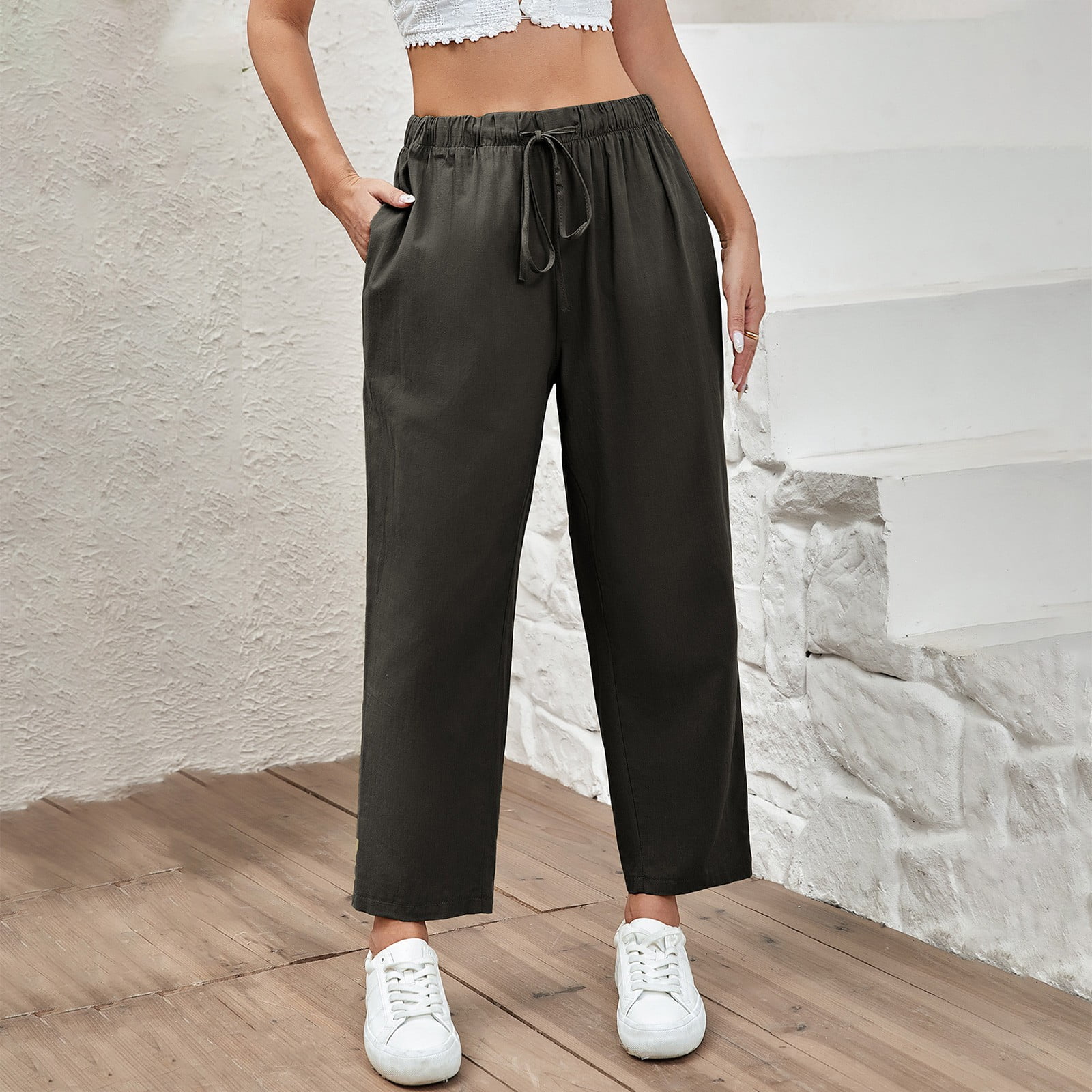 Baodmurt Mid Waist Pants for Women Wide-Leg Boyfriend Elastic Band ...