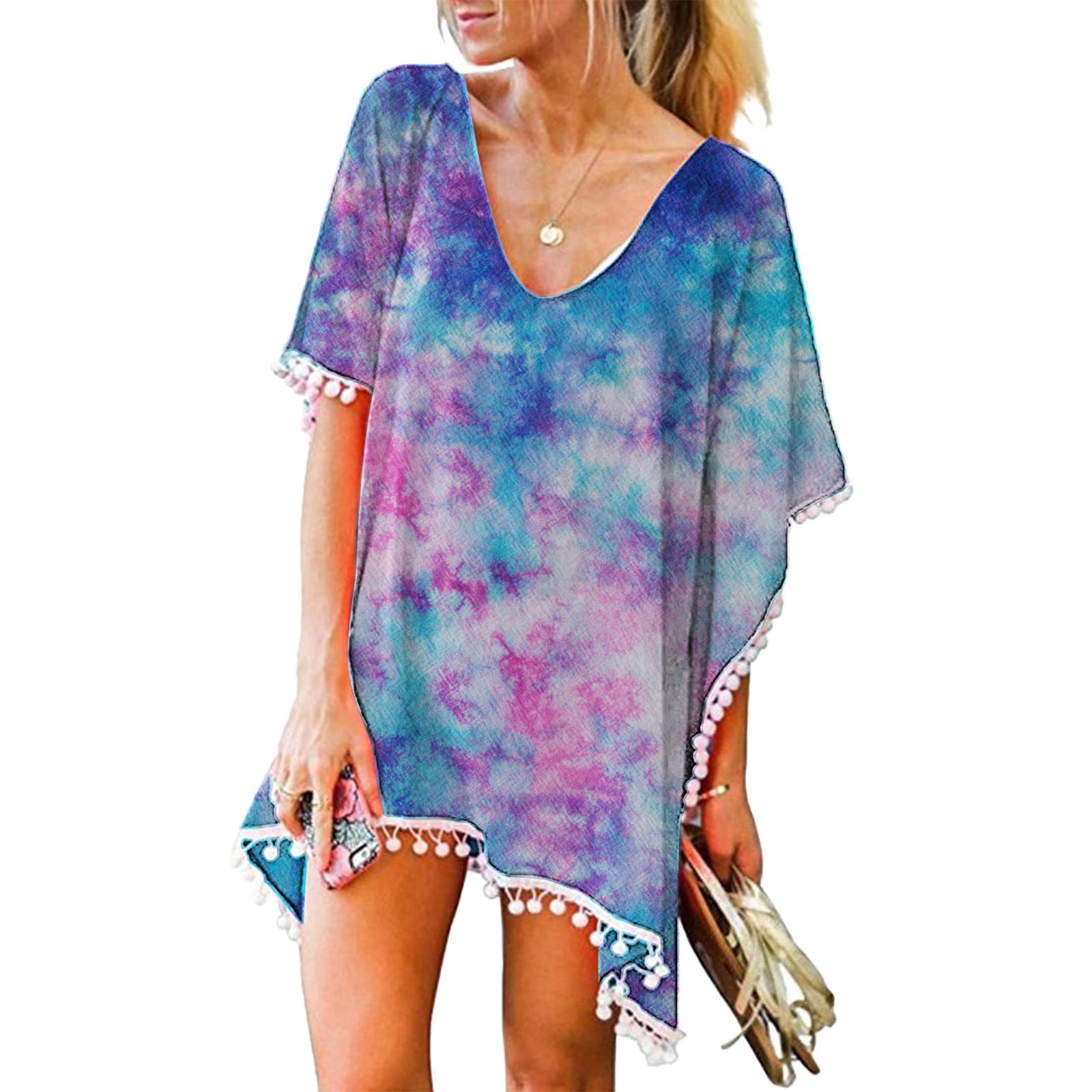 Baodmurt Women's Short Sleeve Casual Beach Cover Up Top, Multicolor S ...