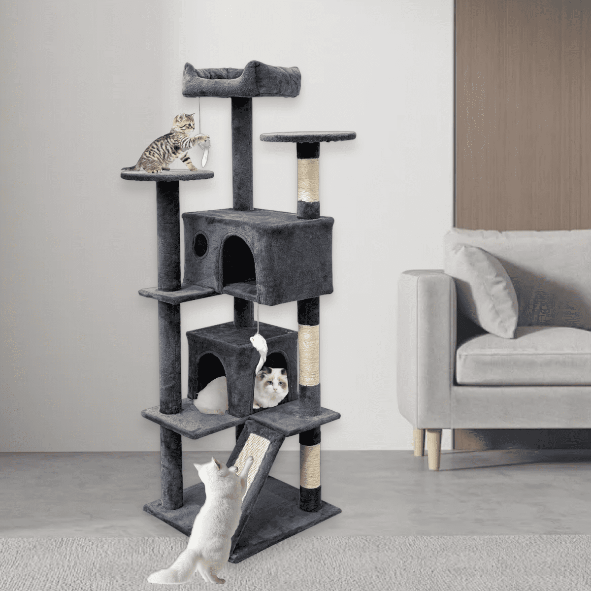 Baohe Indoor Cat Tower 60.6-Inch Modern Cat Tree with Widened Perch ...