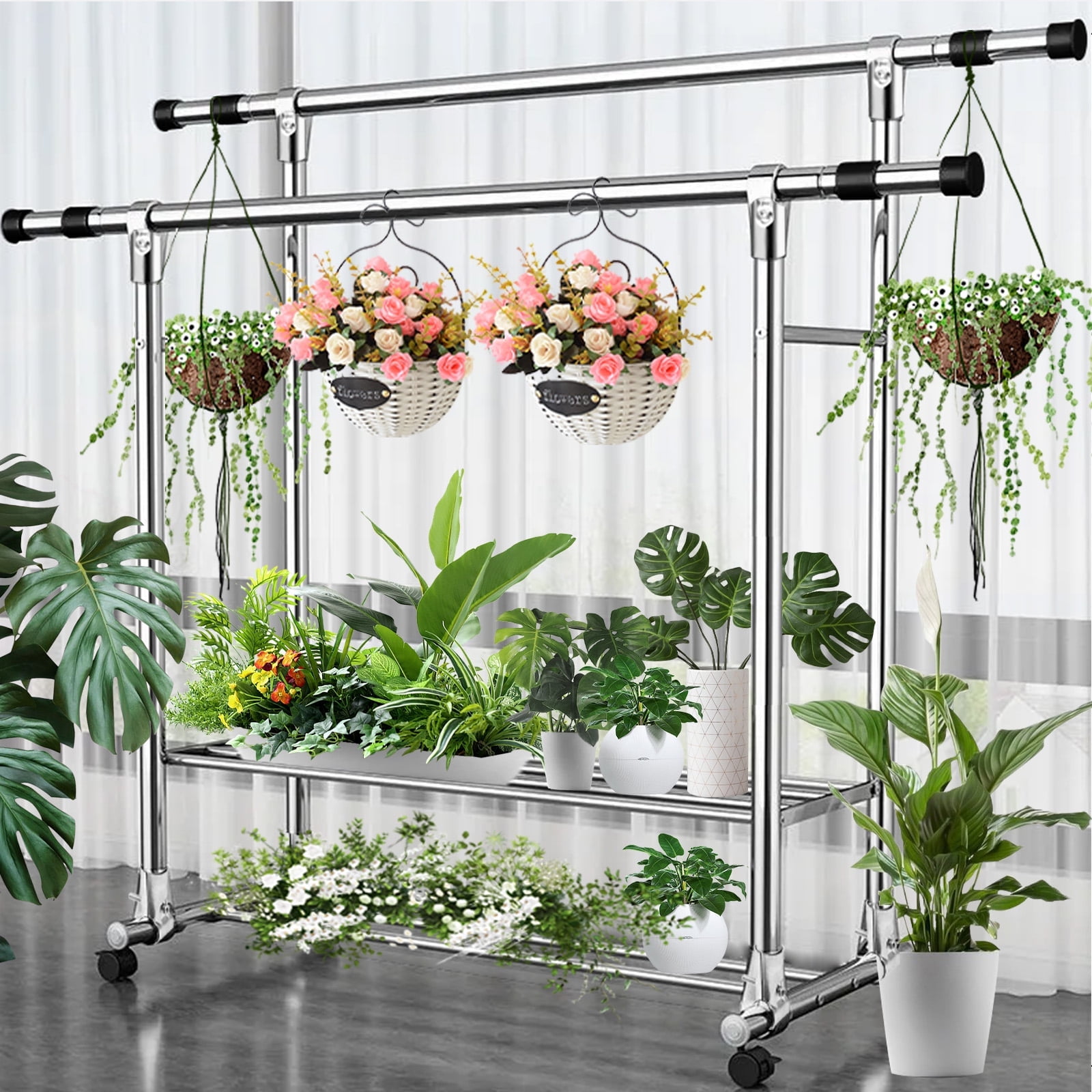 Baokaler Clothes Rack with Wheels, Double-Rod Clothing Rack for Hanging ...