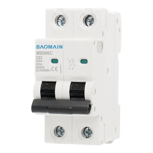Baomain 63A AC Miniature Circuit Breaker, AC 400V 50Hz 6000A 2 Pole C65 MCB DIN Rail Mounting ...