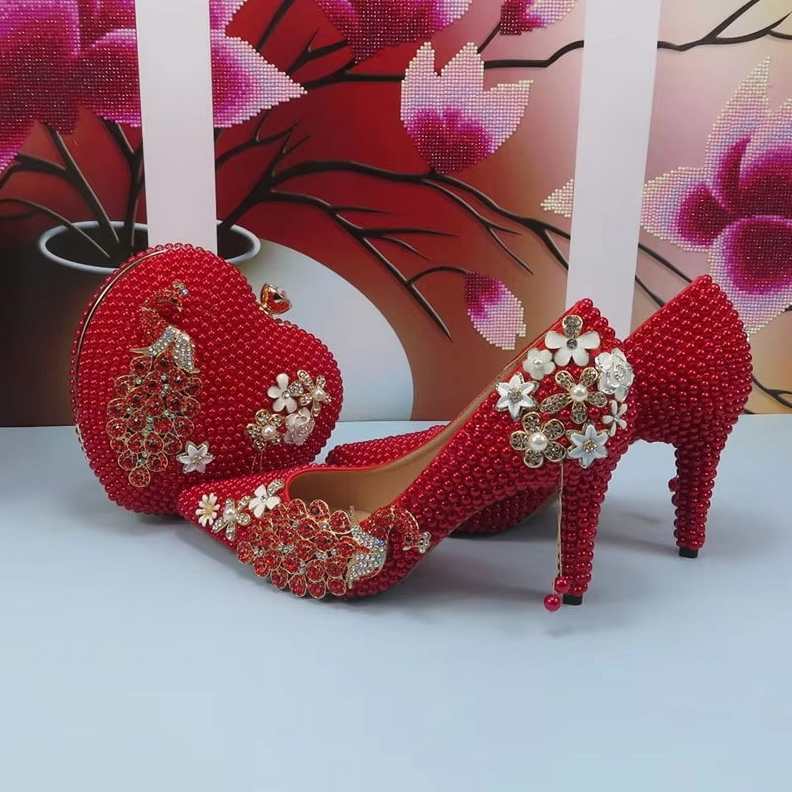 Baoyafang White Pearl Women Wedding Shoes with Matching Bags Bride 7Cm Thin Heel Peacock Ladies ...