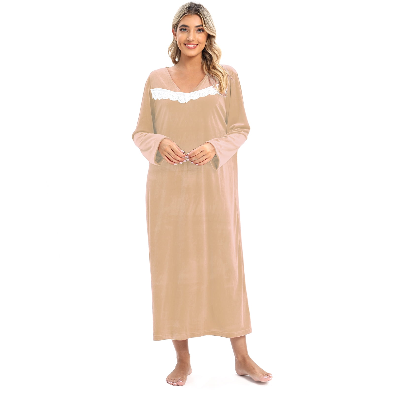Baozhu Long Nightgown Velvet Sleep Dress Vintage V Neck Women's Long Sleeve Sleepwear Pajamas ...