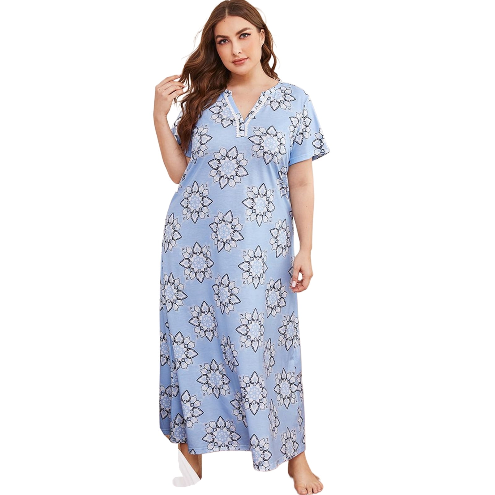 Baozhu Long Nightgown Womens Plus Size Nightgown Short Sleeve Sleepwear Floral Printed V Neck ...