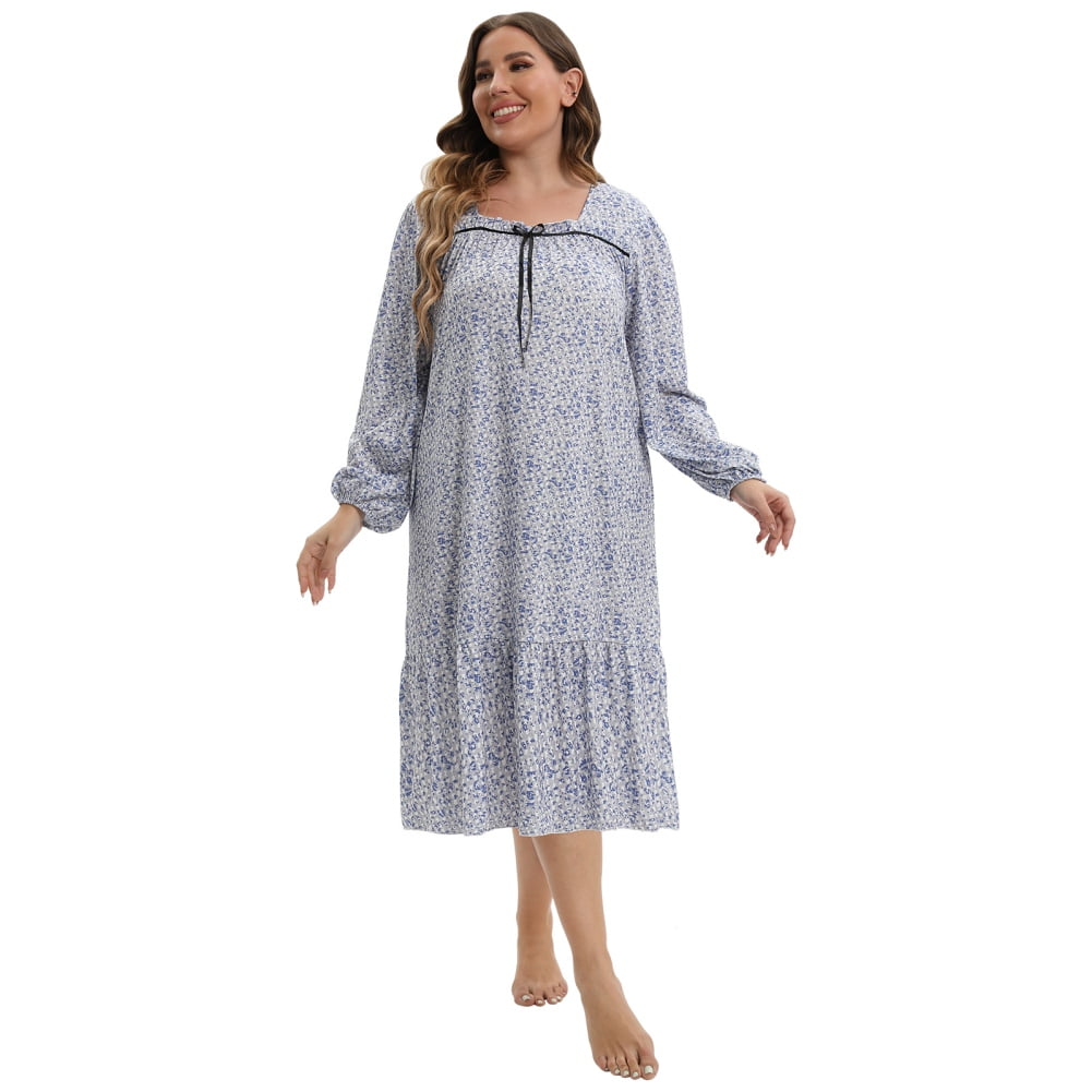 Baozhu Plus Size Nightgowns for Women Soft Comfy Night Dress Floral House Dress Long Sleeve ...