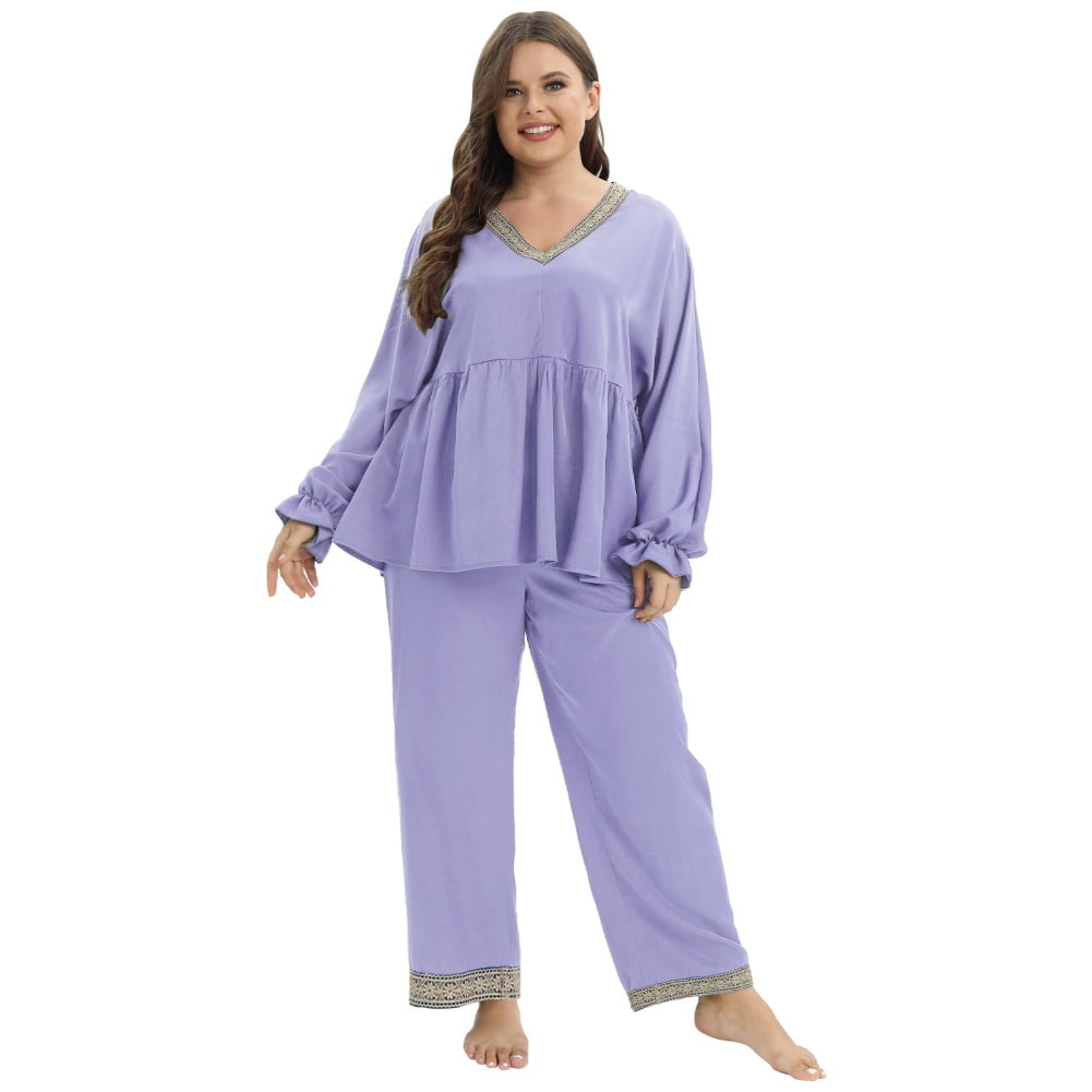 Baozhu Women's Plus Size Pajamas Sets Long Sleeve Pleated Front Tops ...