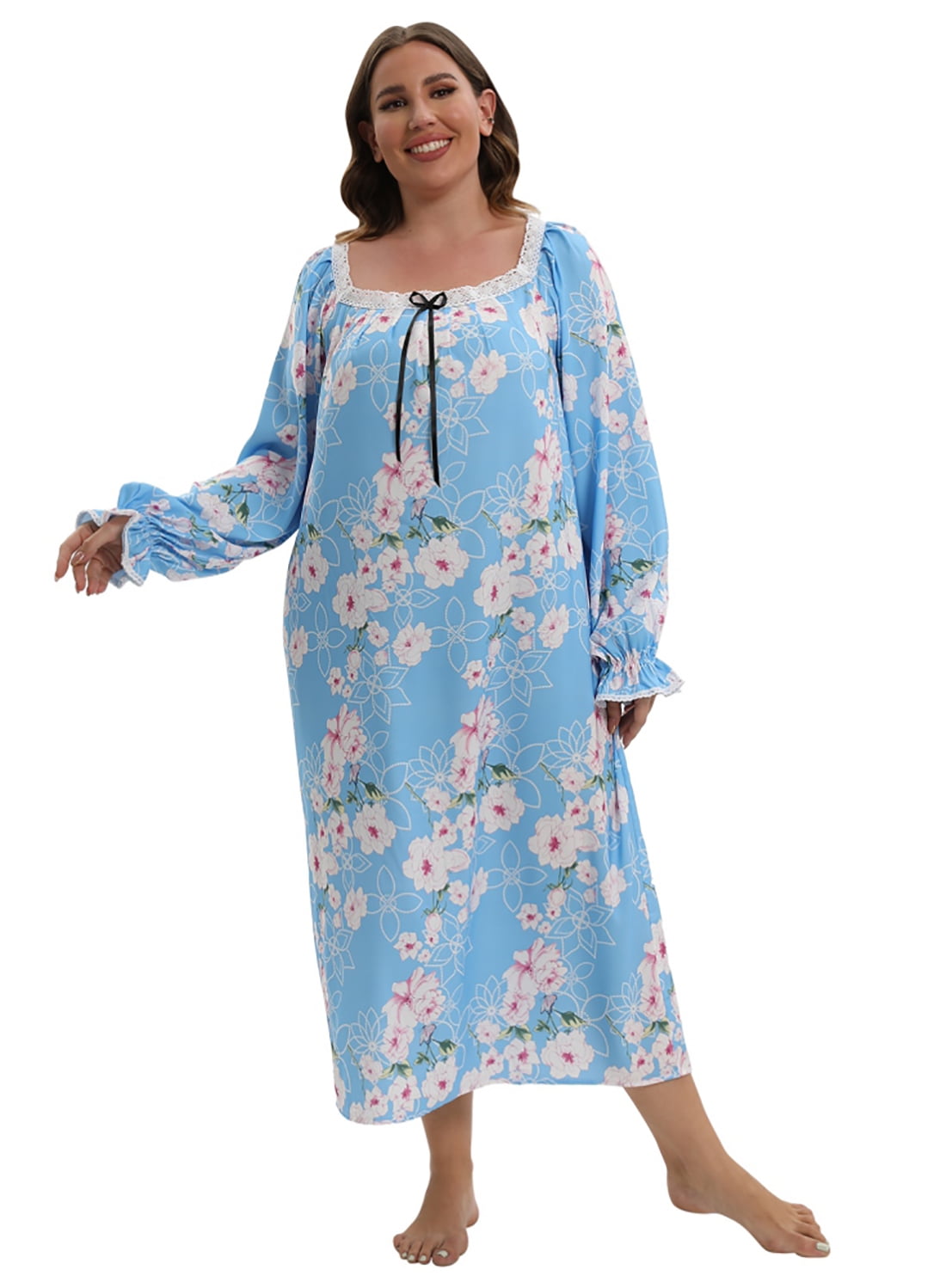Baozhu Womens Long Nightgown Floral Night Dress Long Sleeve Ladies Plus Size Nightshirt Full ...