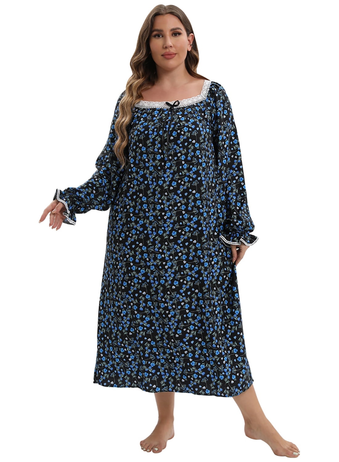 Baozhu Womens Long Nightgown Floral Night Dress Long Sleeve Ladies Plus Size Nightshirt Full ...