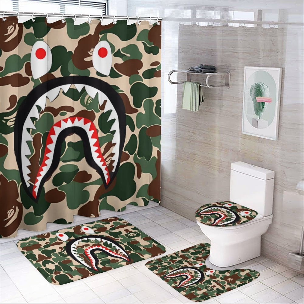 Bape Shark 4Pcs Family Shower Curtain Sets with Non-Slip Rugs, Toilet ...