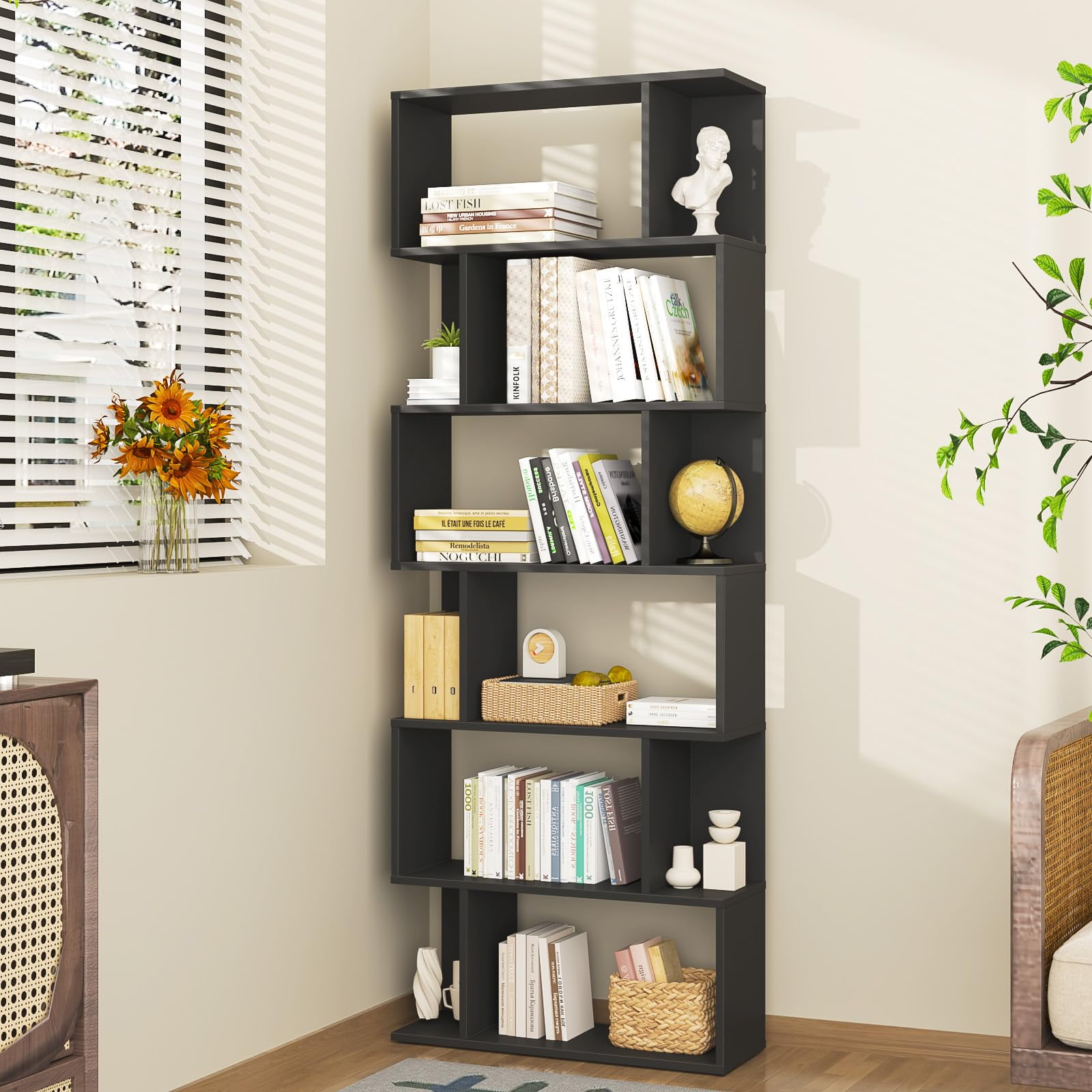 Bapipro 6-Tier Geometric Bookshelf, Tall Display Bookcase with Storage ...