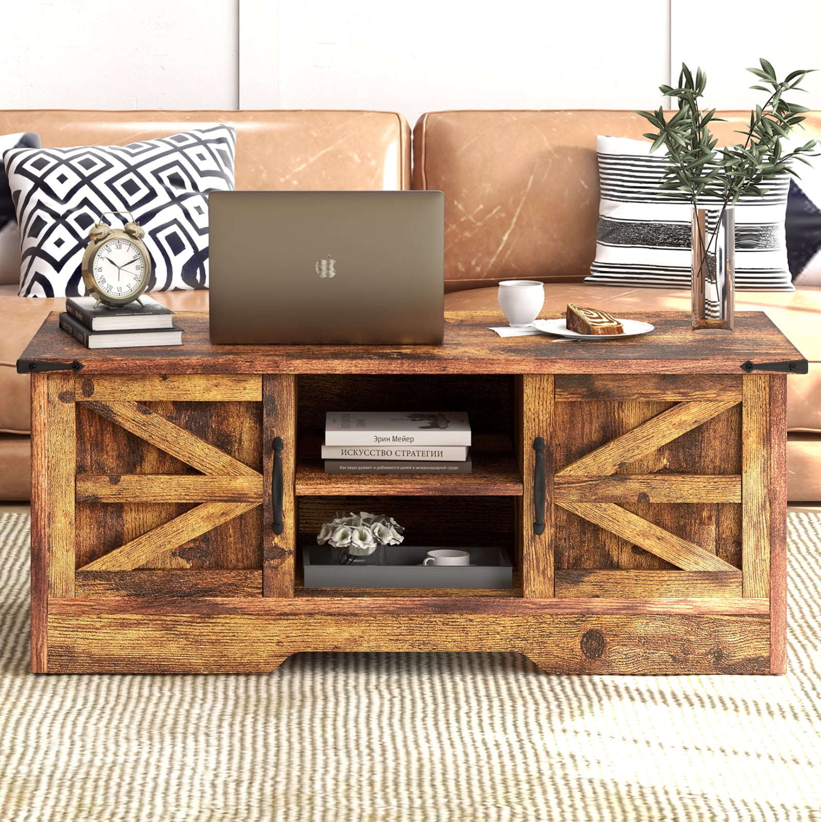 Bapipro Rustic Finish Modern Farmhouse Coffee Table with Large Storage ...