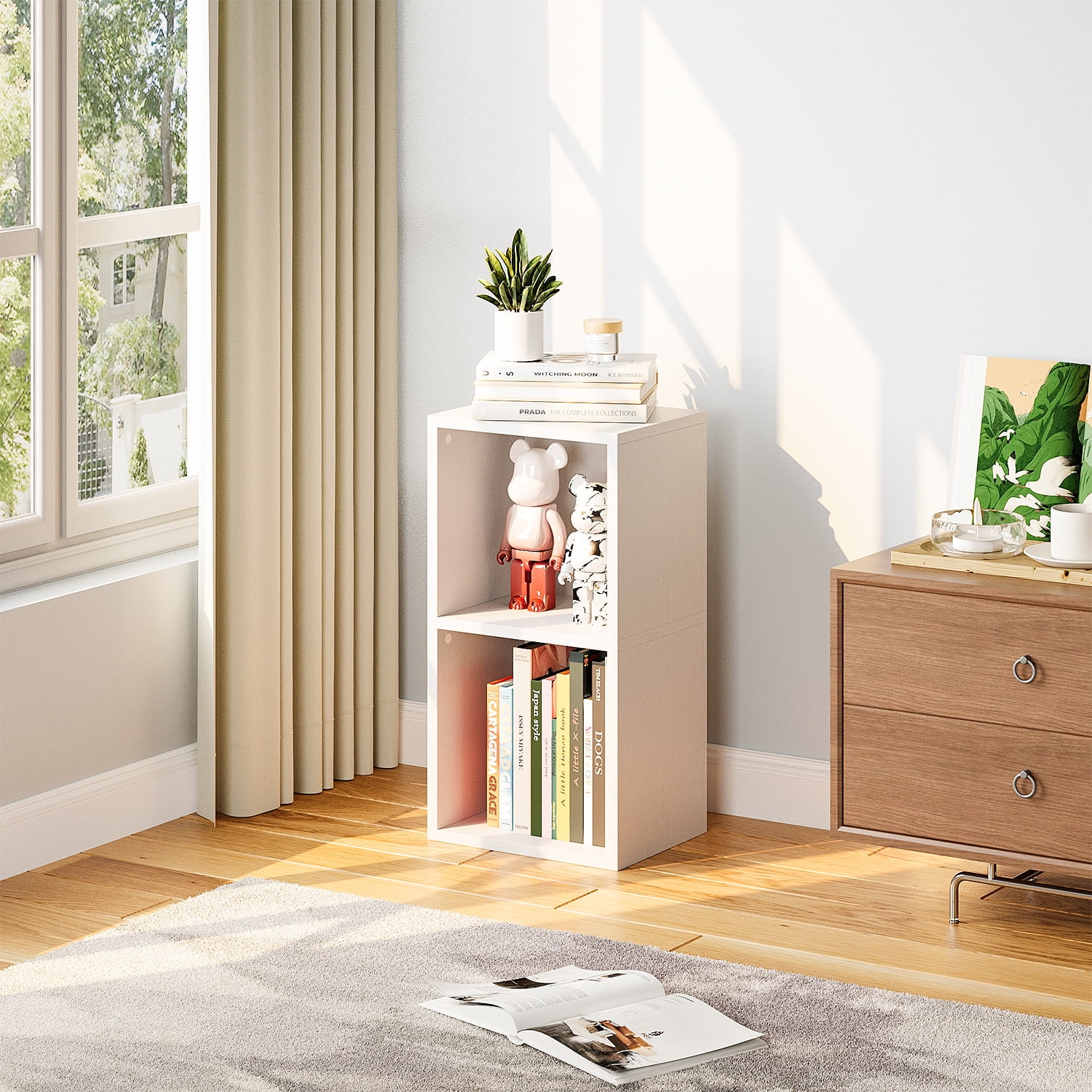 Bapipro Tall Narrow Bookshelf, 2-Tier Cube Display Rack, Modern Corner ...