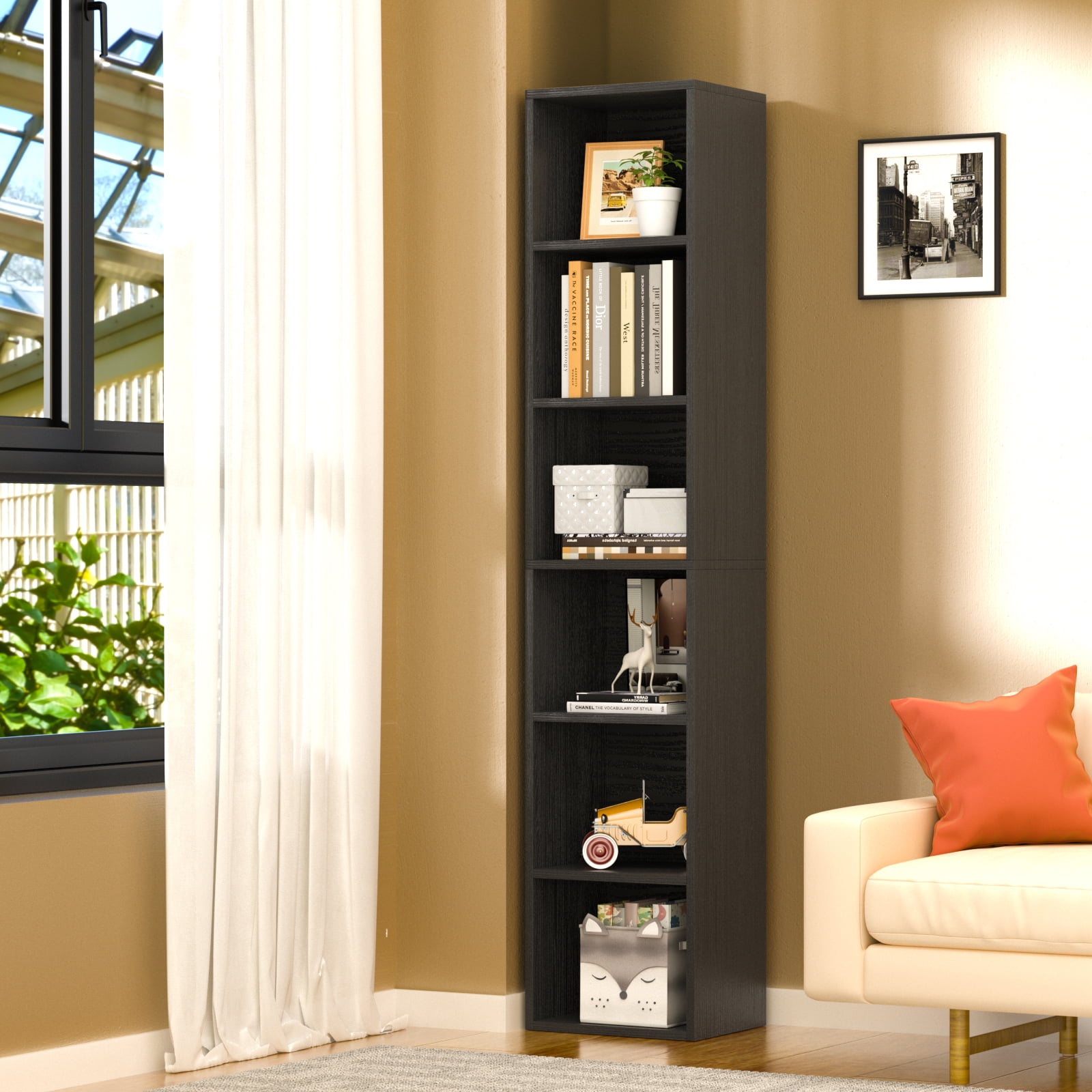 Bapipro Tall Narrow Bookshelf, 6-Tier Cube Display Rack, Modern Corner Bookshelf with Storage ...
