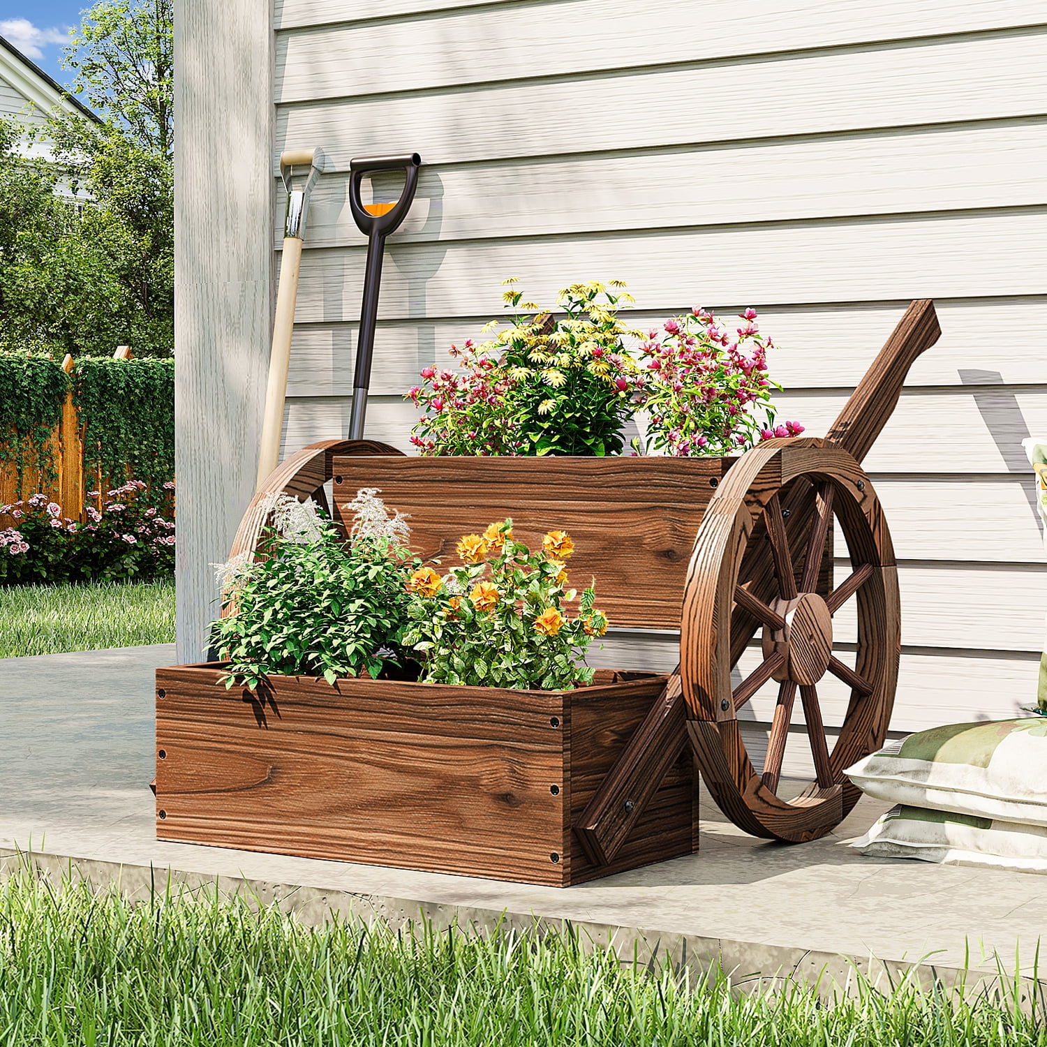 Bapipro Wooden Wheelbarrow Planter Box with Wheels, Outdoor Garden Cart ...