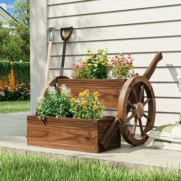 Wooden Wagon Planter Box, Garden Planter with Wheels,Decorative Planter ...