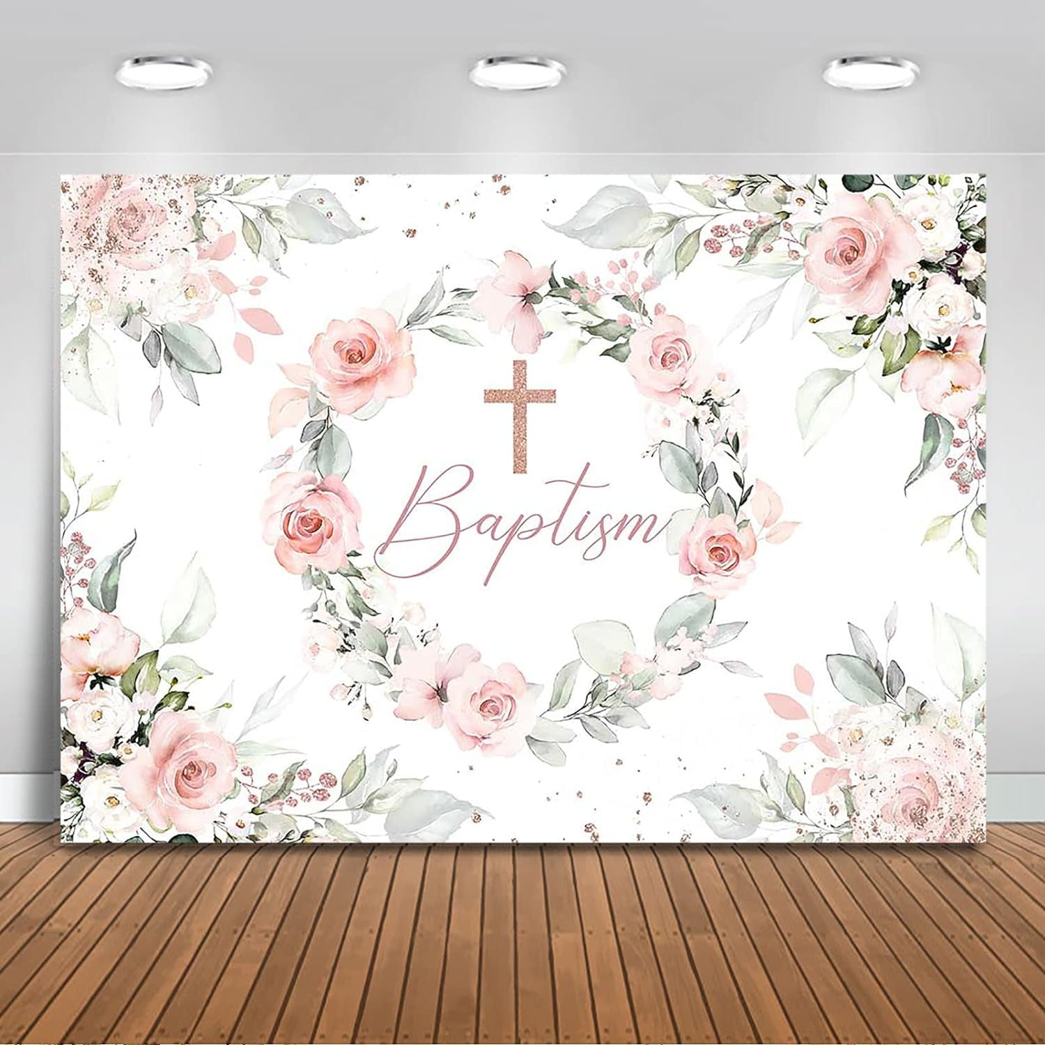 Baptism Baby Shower Backdrop for Girls Pink Floral Wreath Rose Gold ...