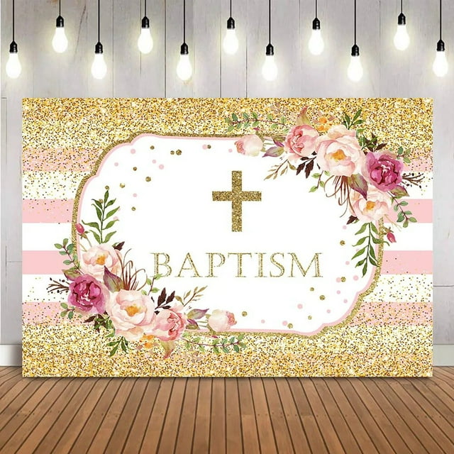 Baptism Baby Shower Backdrop Gold Glitter Dots Floral Background for ...