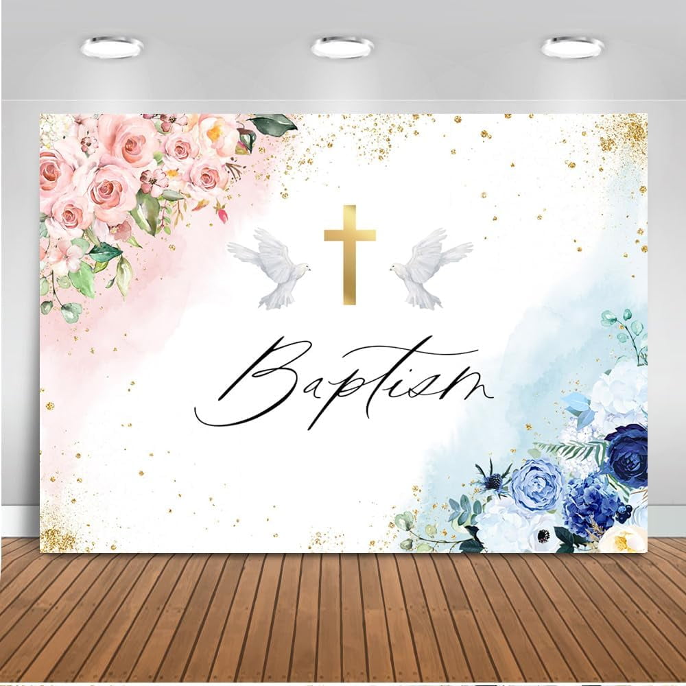 Baptism Backdrop Blue and Pink Floral God Bless First Communion Baptism ...