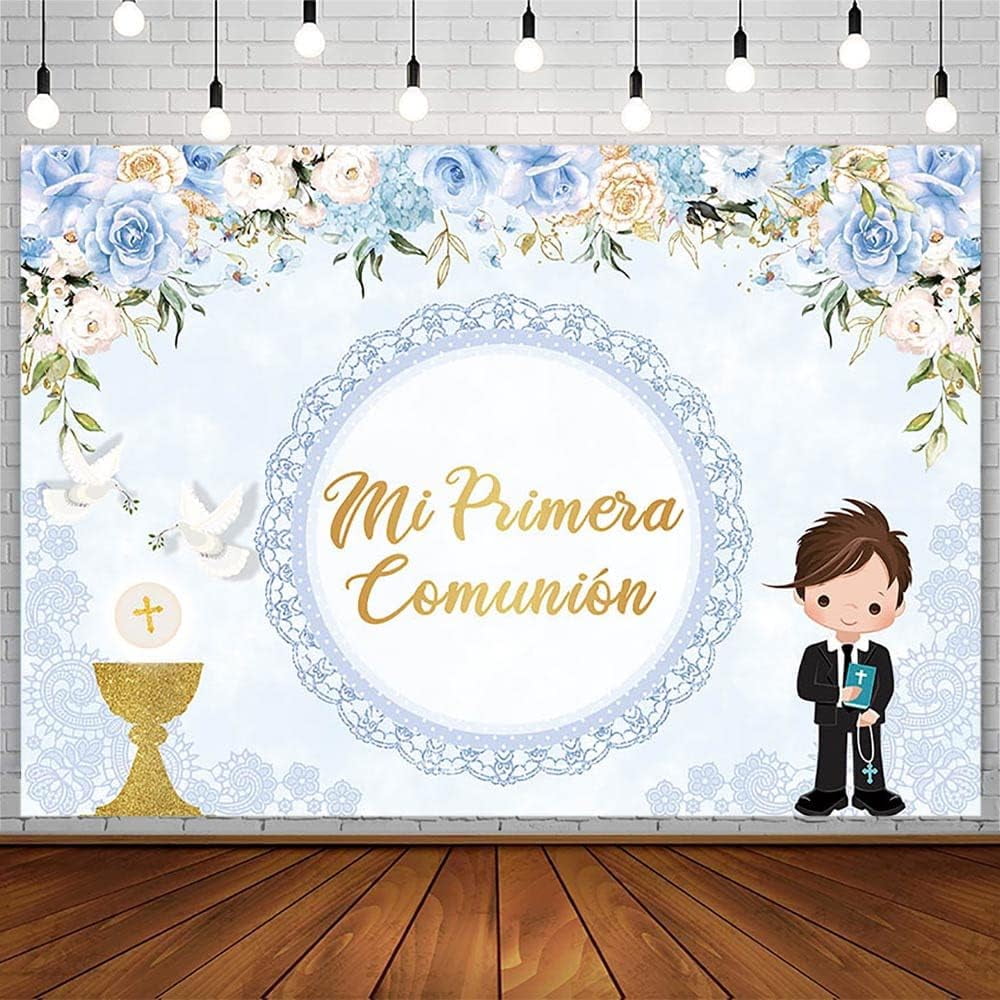 Baptism Backdrop for Boy Mi Primera Comunion Christening Photography Background God Bless First ...