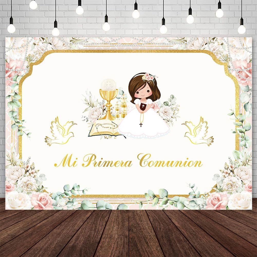 Baptism Backdrop for Girl Mi Primera Comunion Party Decorations Christening God Bless First Holy ...