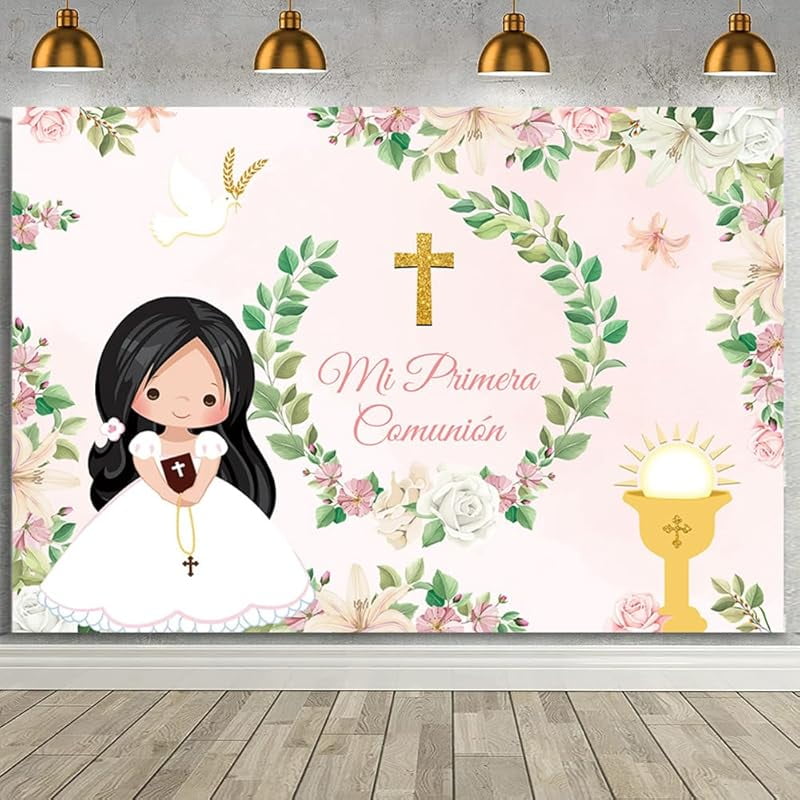 Baptism Backdrop for Girl Pink Floral Mi Primera Comunion Christening ...