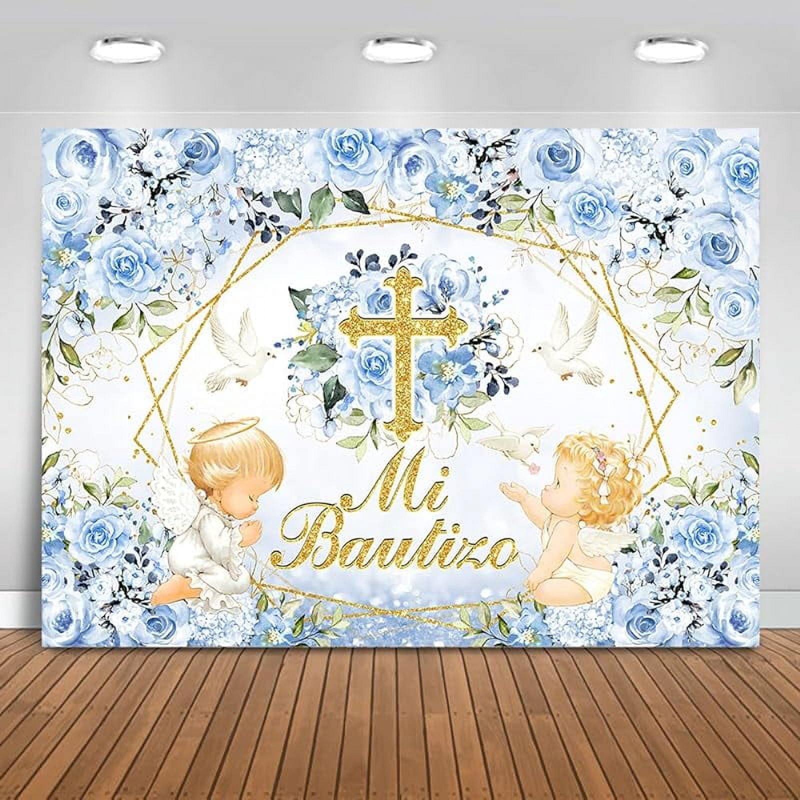 Baptism Backdrop God Bless First Holy Communion Background Blue Floral ...