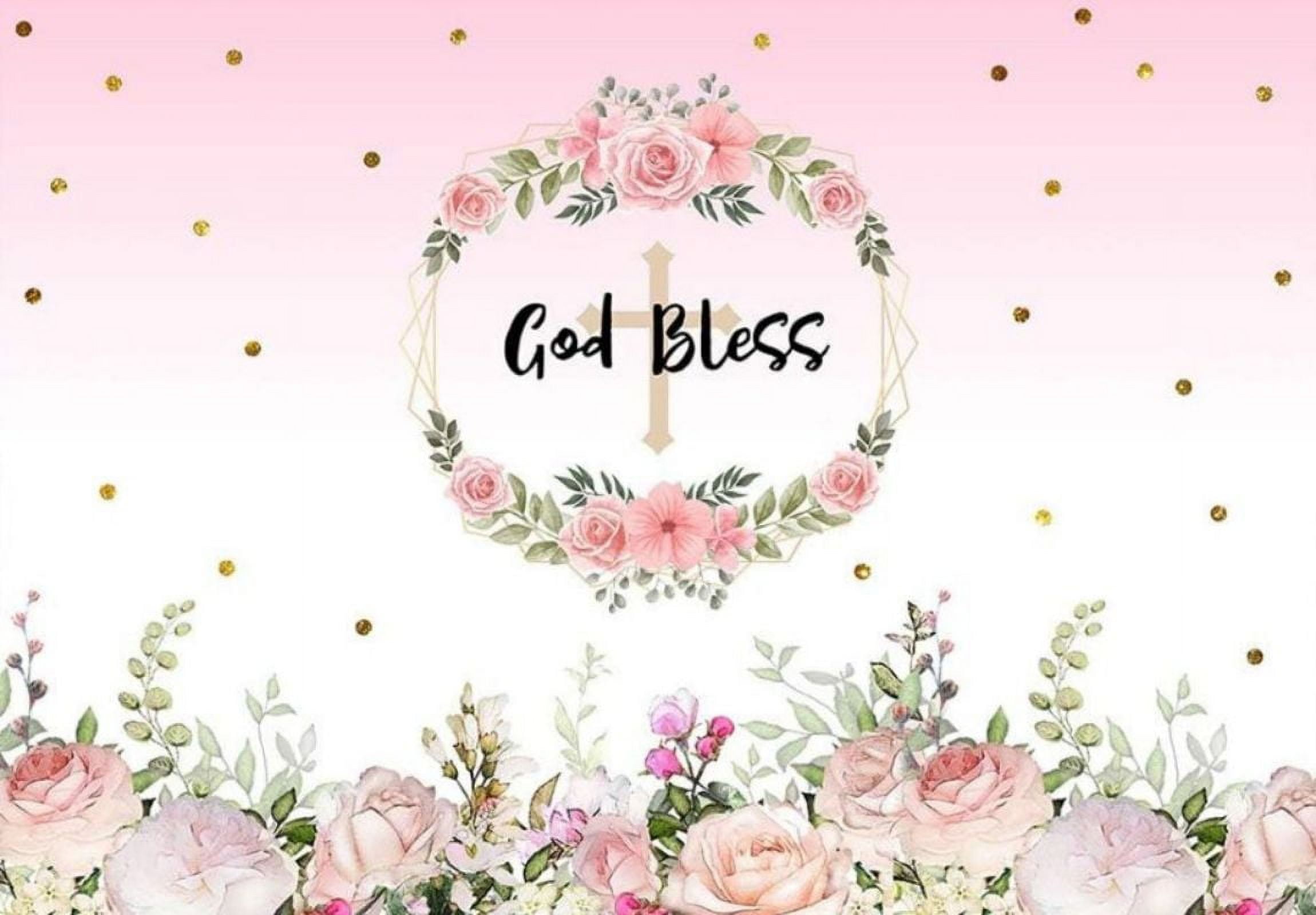 Baptism Backdrop God Bless First Holy Communion Christening Pink Floral ...