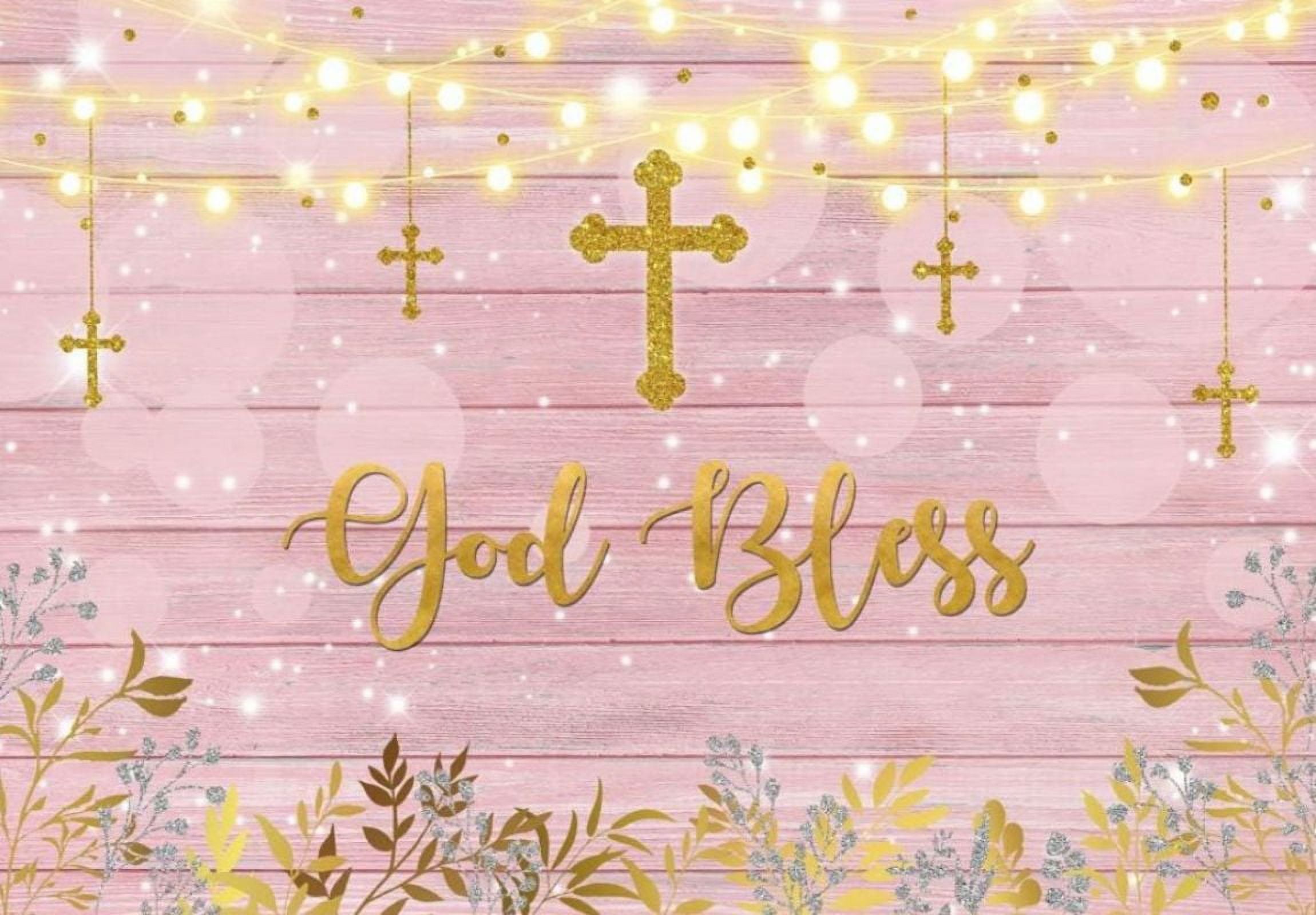 Baptism Backdrop God Bless First Holy Communion Christening Pink Floral ...