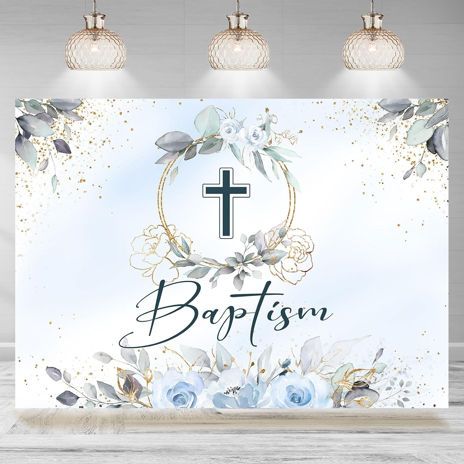 Baptism Backdrop God Bless First Holy Communion Green Eucalyptus Blue ...