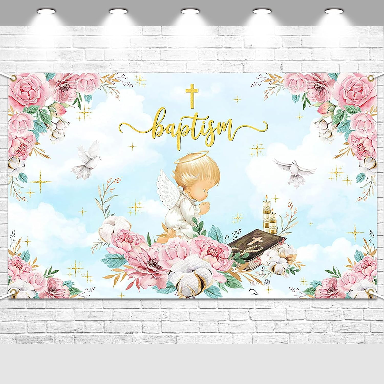 Baptism Banner Mi Bautizo Backdrop Pink Flower Sky Angel God Bless ...