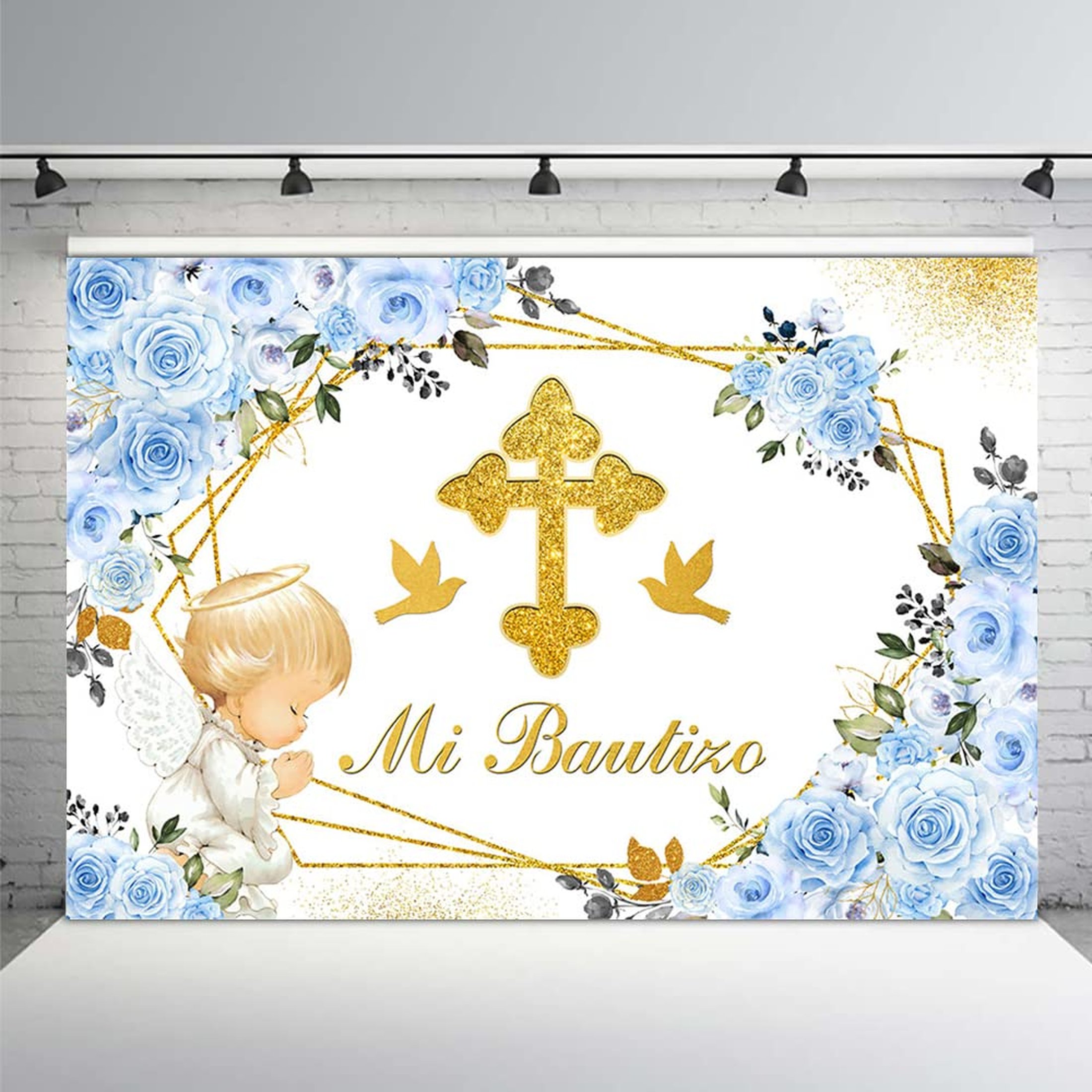 Baptism Bliss Backdrop for Boys - Elegant Blue Floral Photography ...
