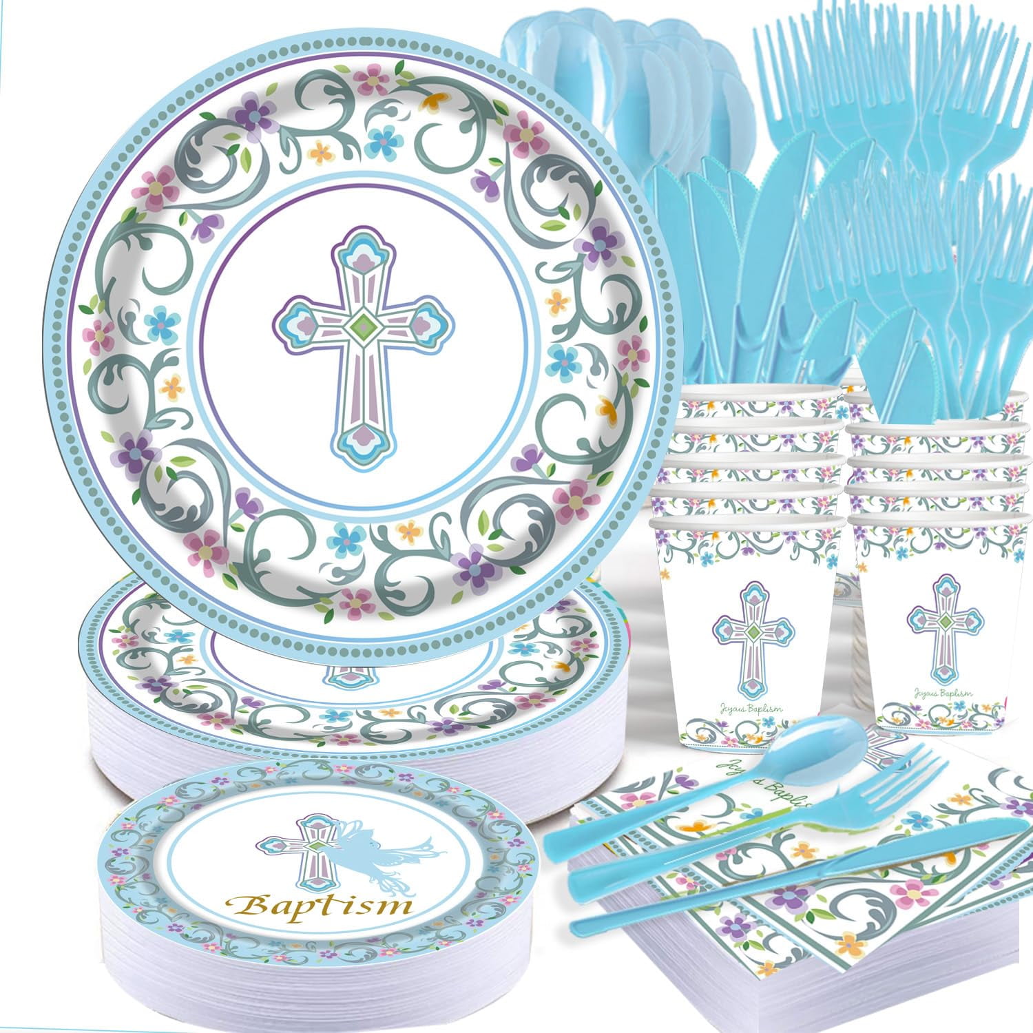Baptism Cross Plate - KEF16 Communion Blue Dessert Paper Plates for Boy ...