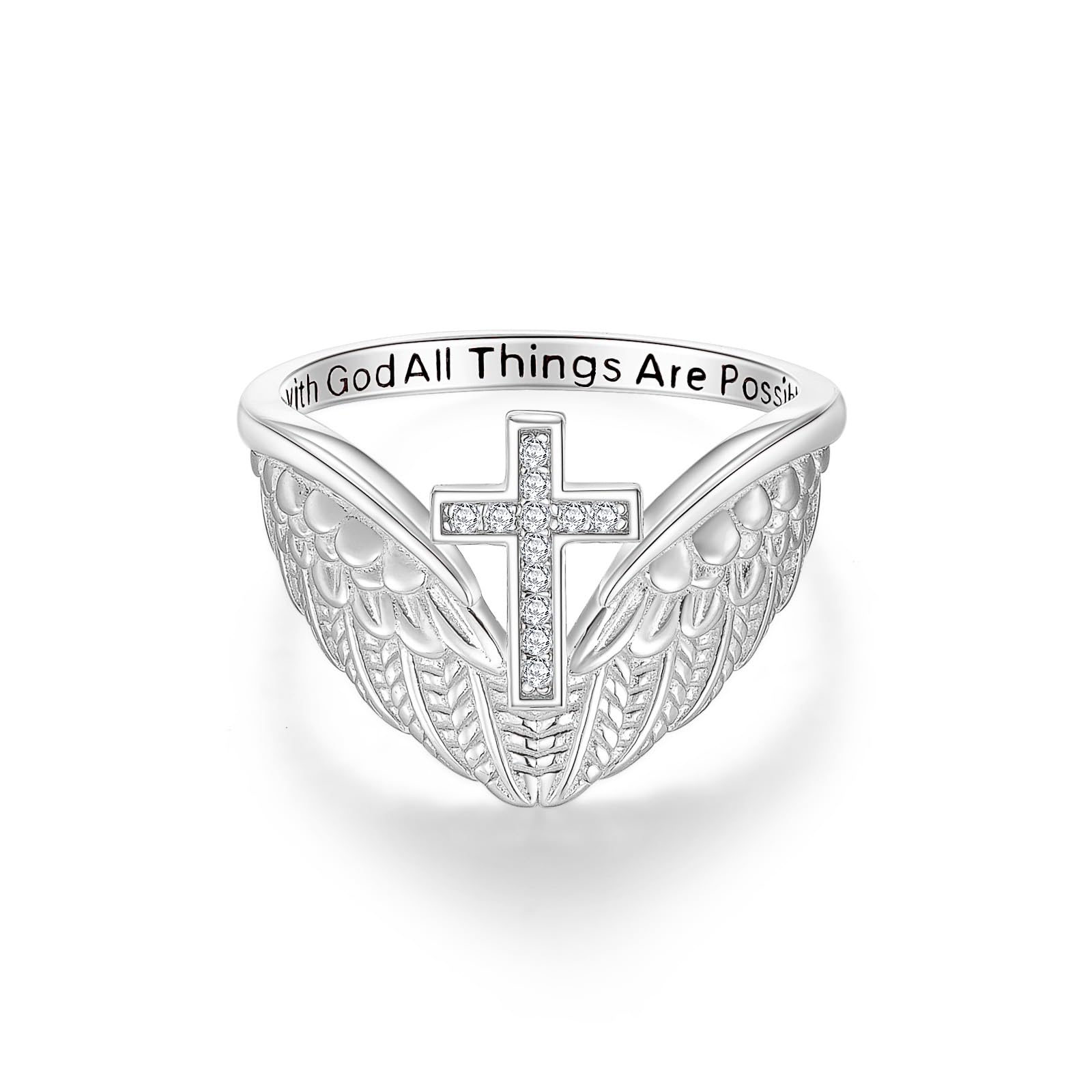 Baptism Gifts Cross Angel Wings Ring in 925 Sterling Silver Moissanite ...