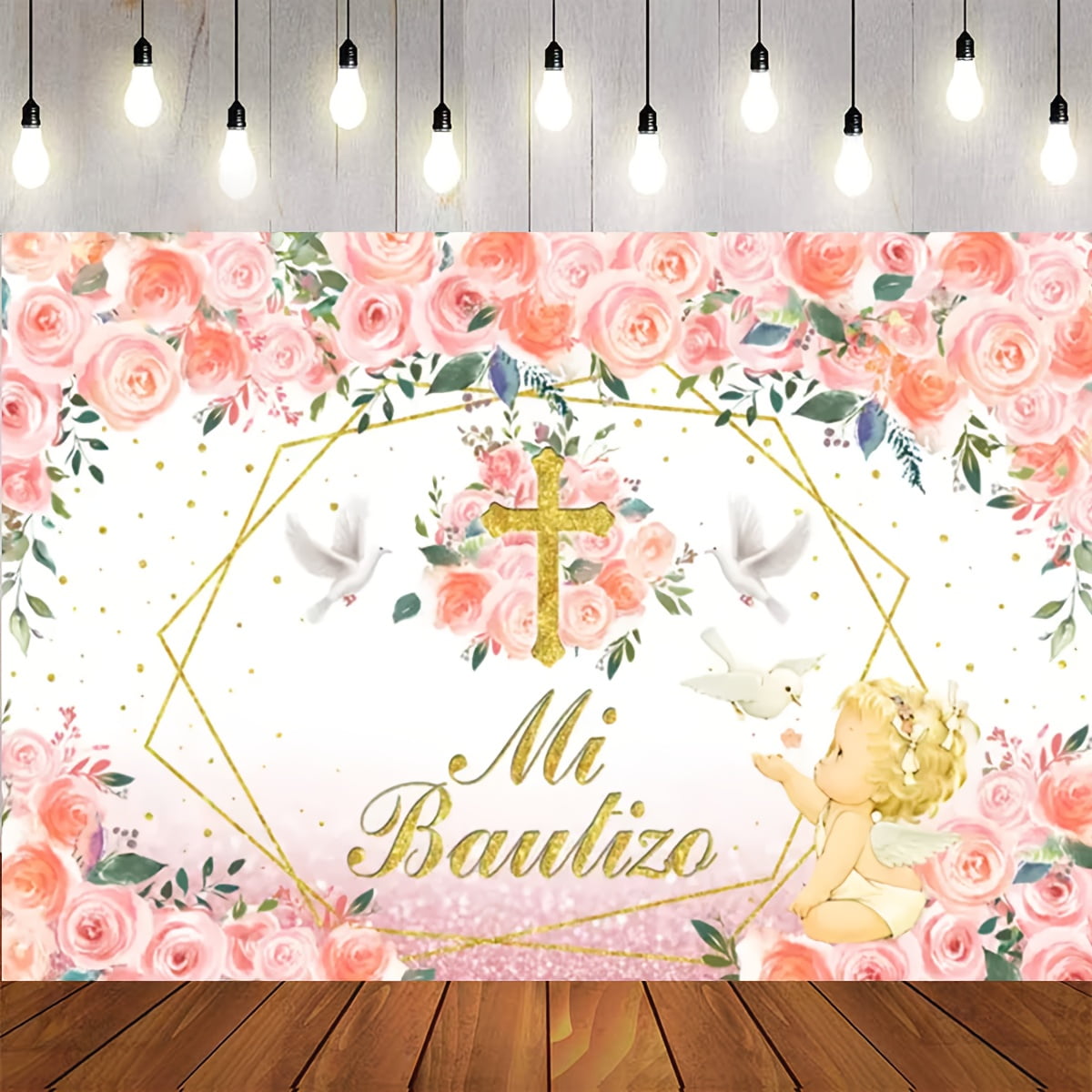 Baptism Mi Bautizo Backdrop Pink Flowers First Holy Communion ...