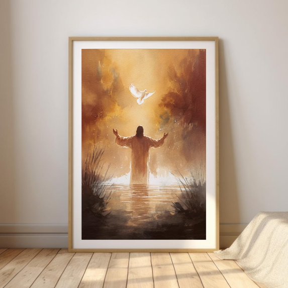 Baptism Of Jesus, Watercolor Style Bible Scene, Christian Wall Art ...