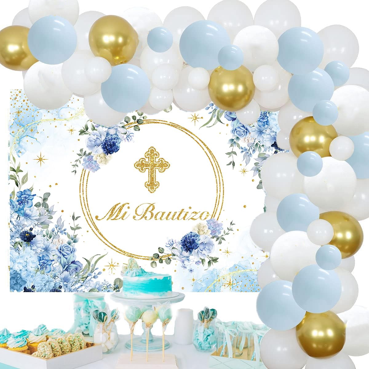 Baptism Party Decorations with Mi Bautizo Backdrop Banner,Blue Gold ...