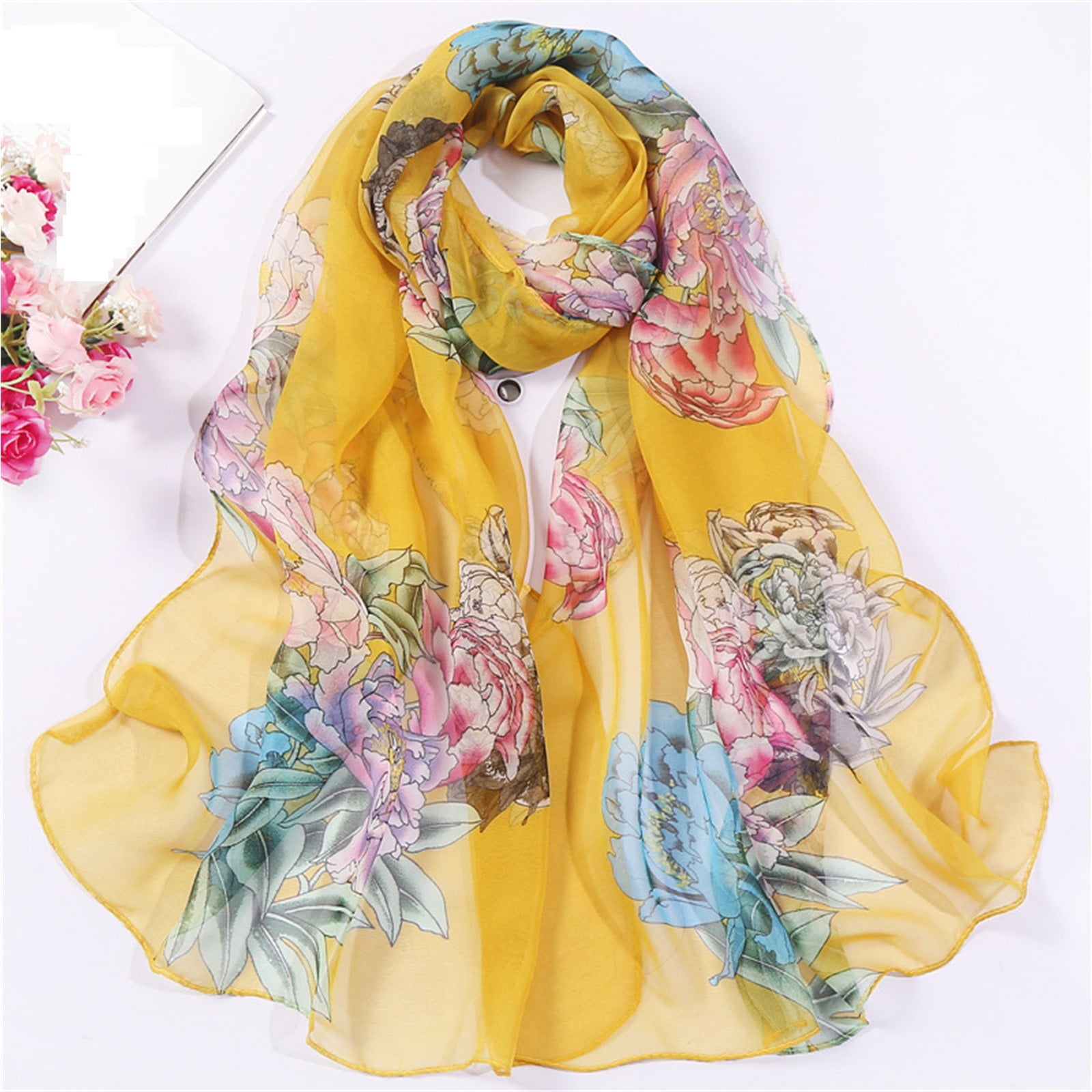 Baqcunre Silk Scarf, Scarfs for Women Lightweight Print Floral Pattern ...