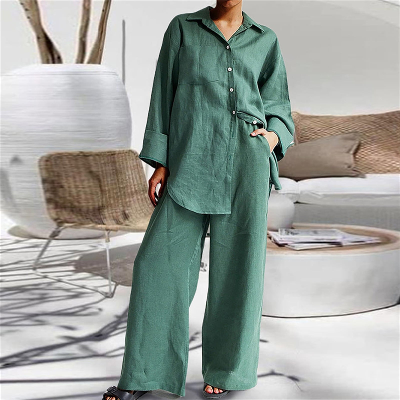 Baqcunre Cotton Linen Outfits Dressy Business Work Suits Streetwear ...