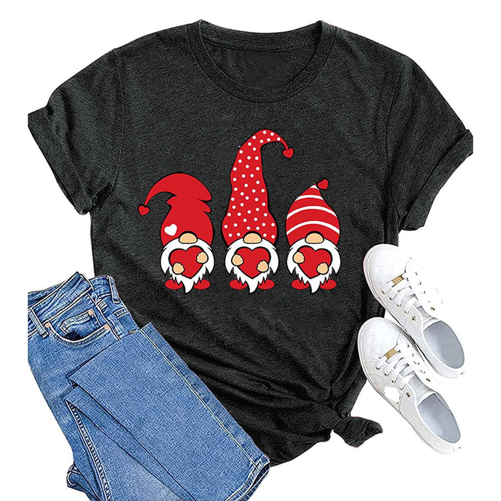 Baqcunre Valentine's Day Shirts for Women Gnome Print Round Neck Short ...