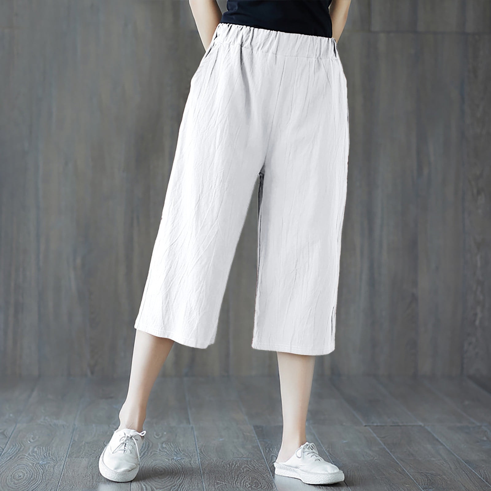 Baqcunre Women Solid Casual Pocket Wide Leg Pants Elastic Waist Loose