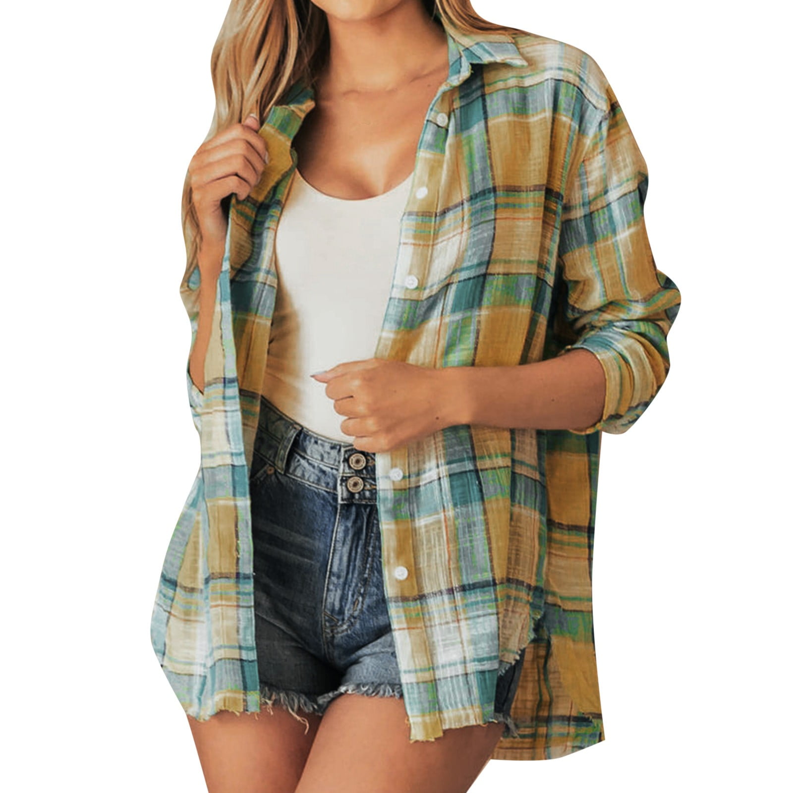 Baqcunre Women's Plaid Light Weight Shirts Long Sleeve Button Down ...