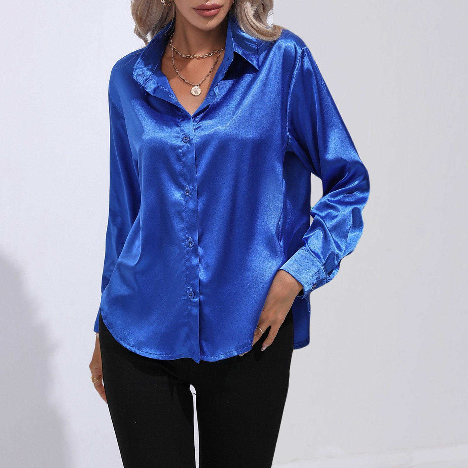 Baqcunre Women's Satin Imitation Silk New Solid Color Shirt Womens Tops ...