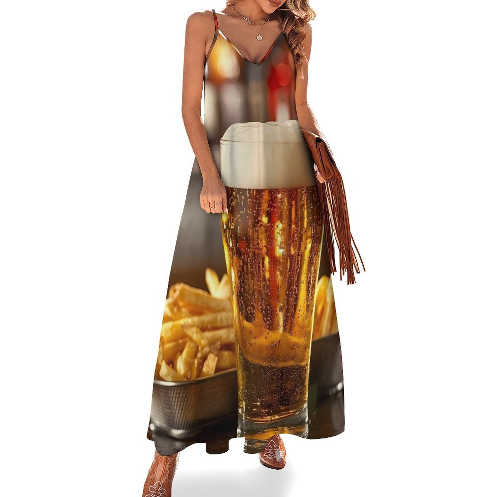Bar Beer Chips Women's Maxi Dress Spaghetti Strap V Neck Bohemian Long ...
