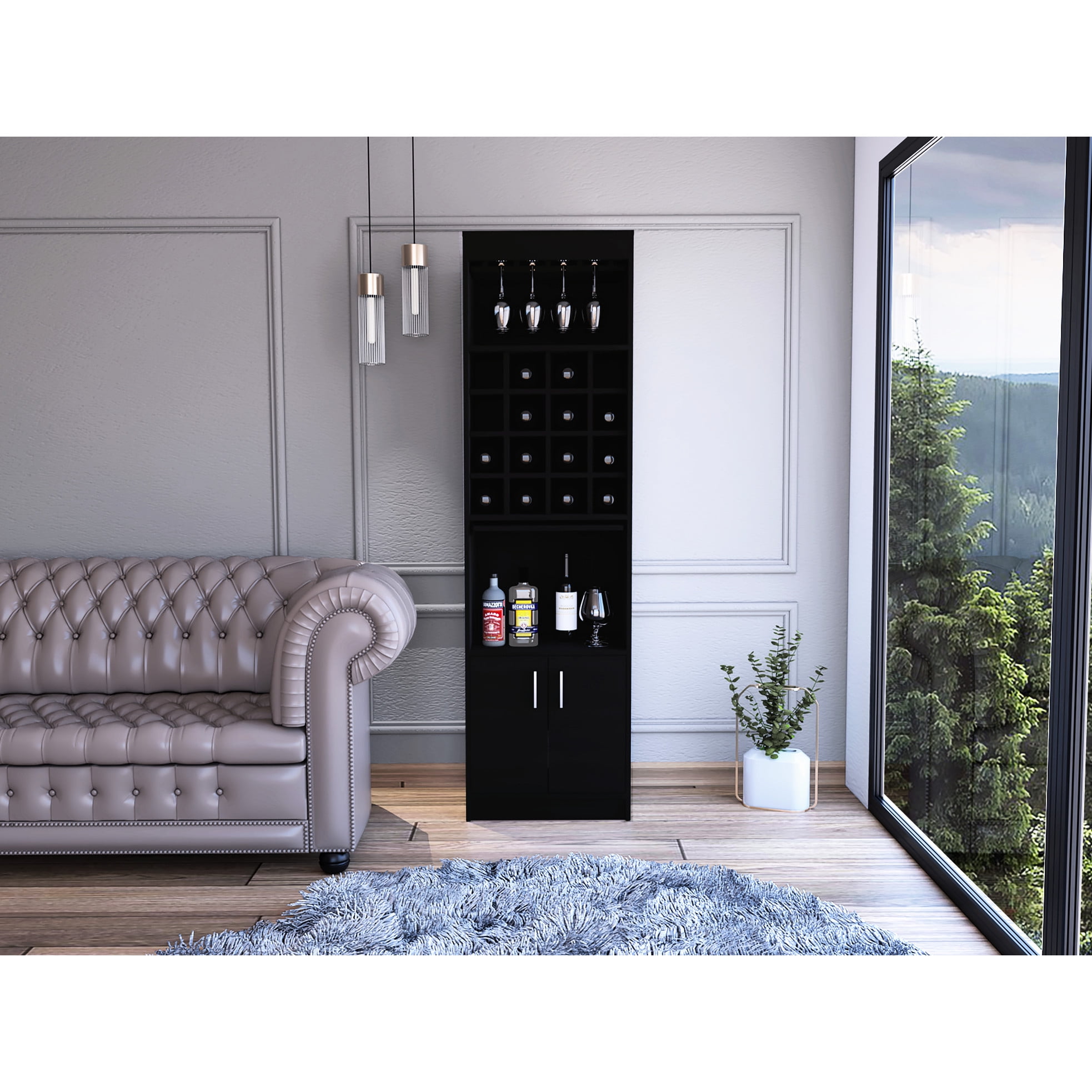 Bar Cabinet In Black, 69.92 In. Tall With Serving Tray And 16 Wine ...